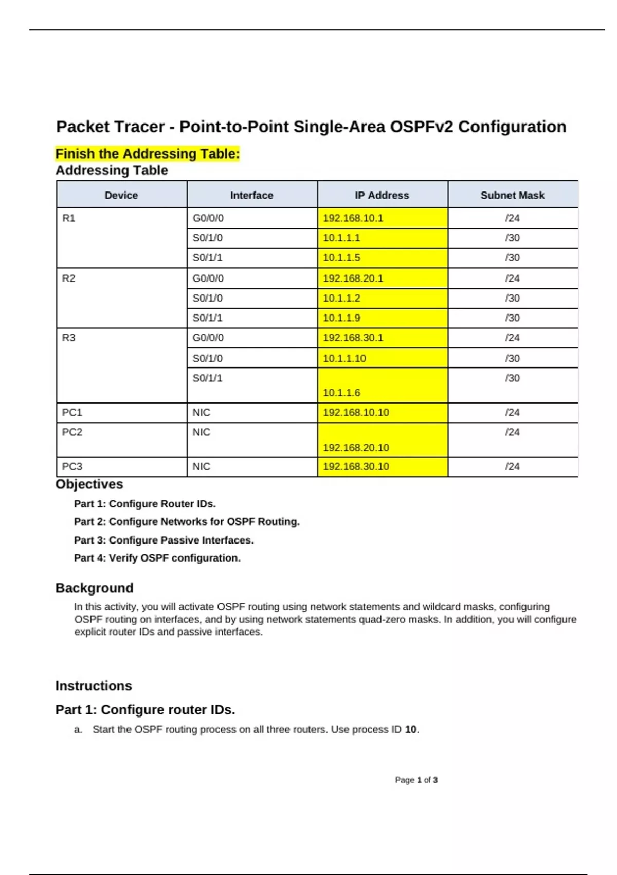 CSIS 312 Packet Tracer Point to Point Single Area OSPFv2 Configuration ...