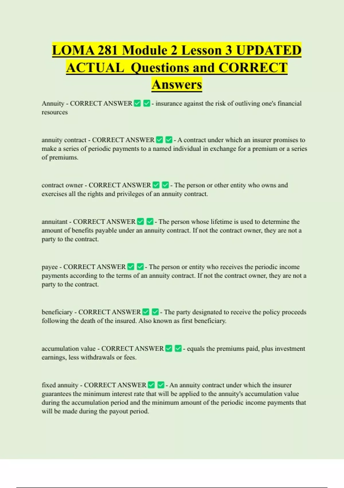 LOMA 281 Module 2 Lesson 3 UPDATED ACTUAL Questions and CORRECT Answers ...