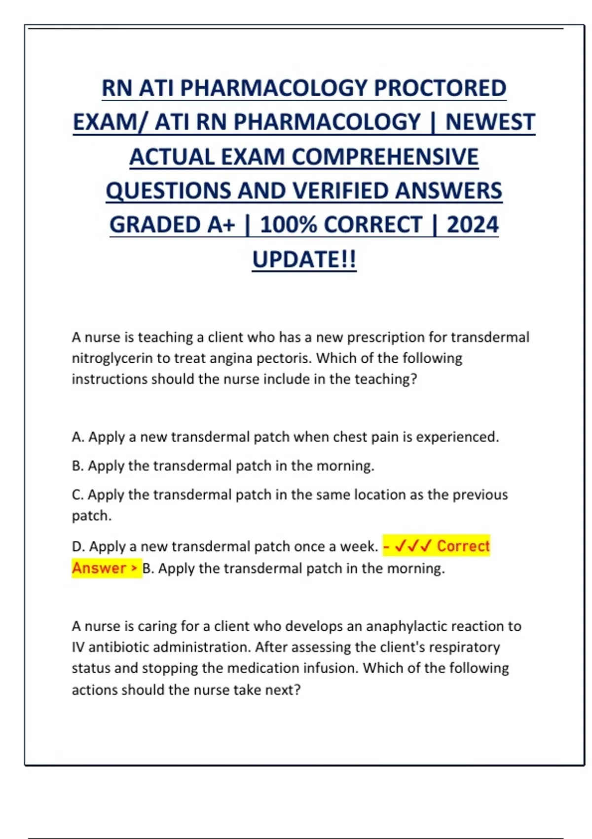 RN ATI PHARMACOLOGY PROCTORED EXAM/ ATI RN PHARMACOLOGY | NEWEST ACTUAL ...