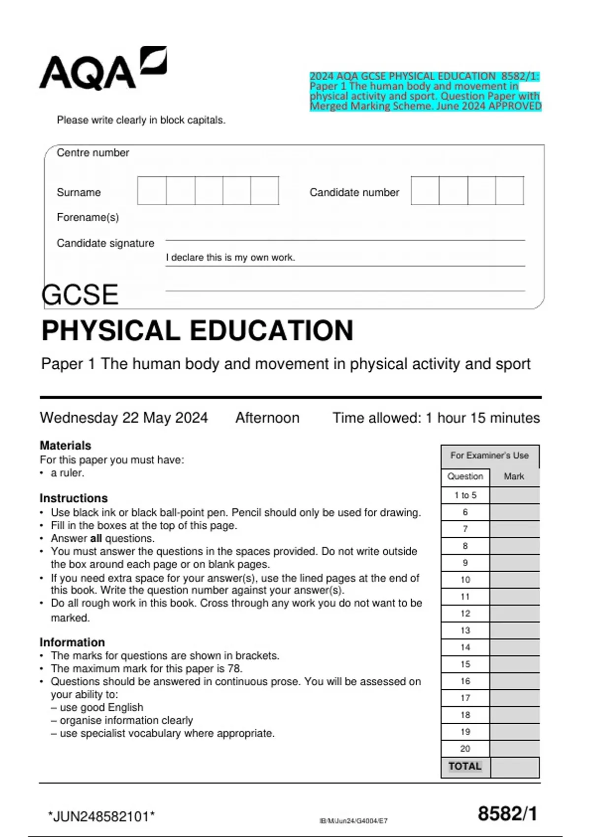 2024 AQA GCSE PHYSICAL EDUCATION 8582/1: Paper 1 The human body and ...