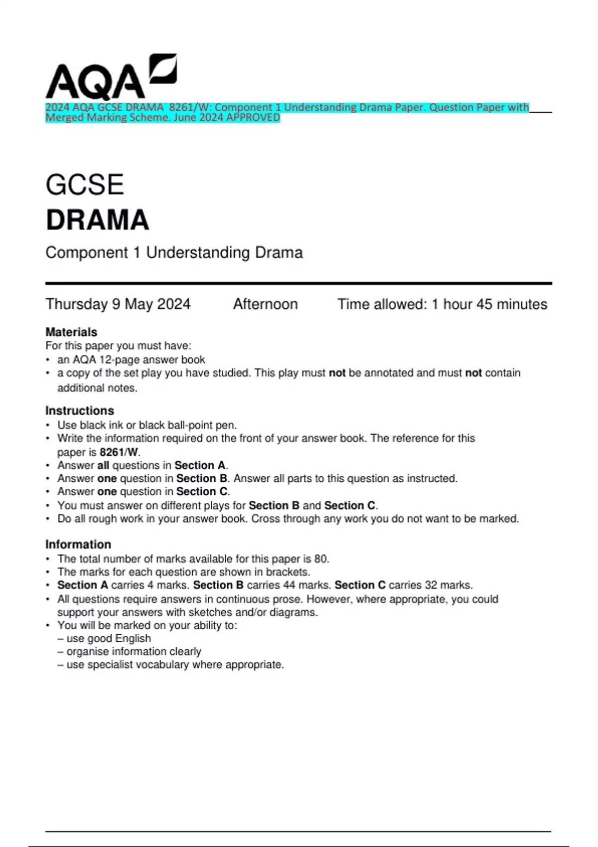 2024 AQA GCSE DRAMA 8261/W: Component 1 Understanding Drama Paper ...