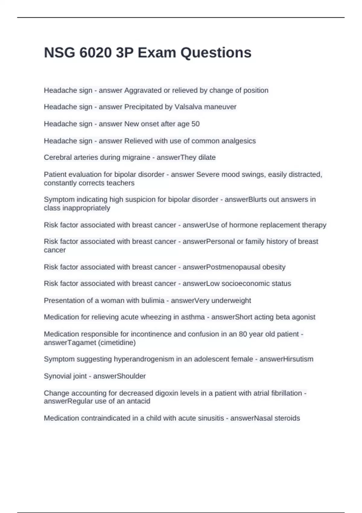 NSG 6020 3P Exam Questions and Answers 2024 - NSG 6020 - Stuvia US