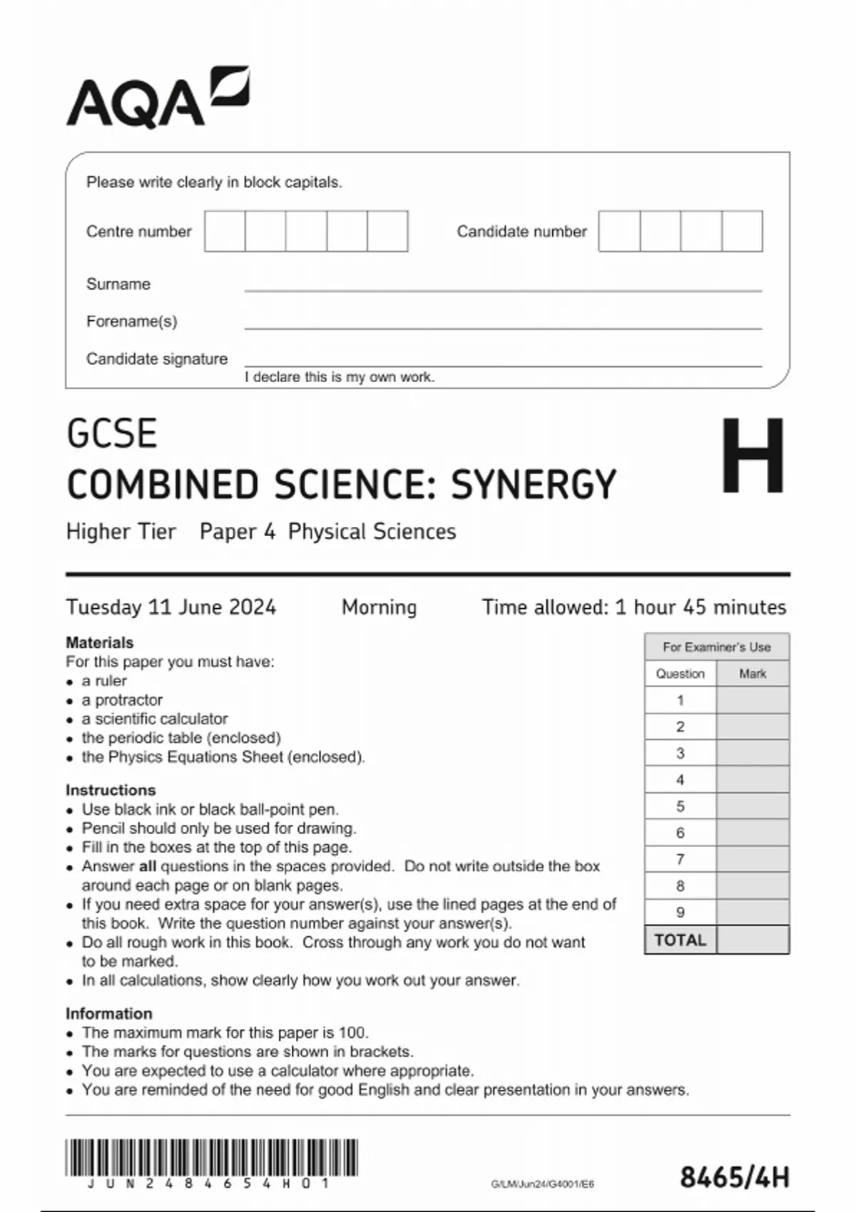 AQA GCSE COMBINED SCIENCE: SYNERGY PAPER 4 QUESTION PAPER 2024 (8465/4H ...