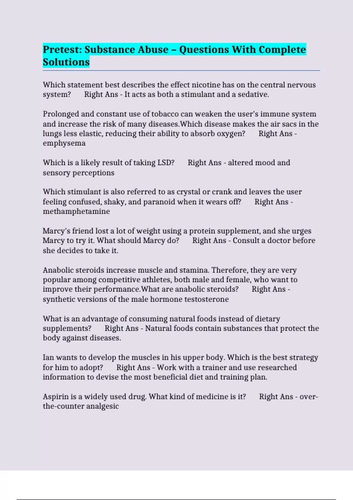 Pretest: Substance Abuse – Questions With Complete Solutions - MAC ...