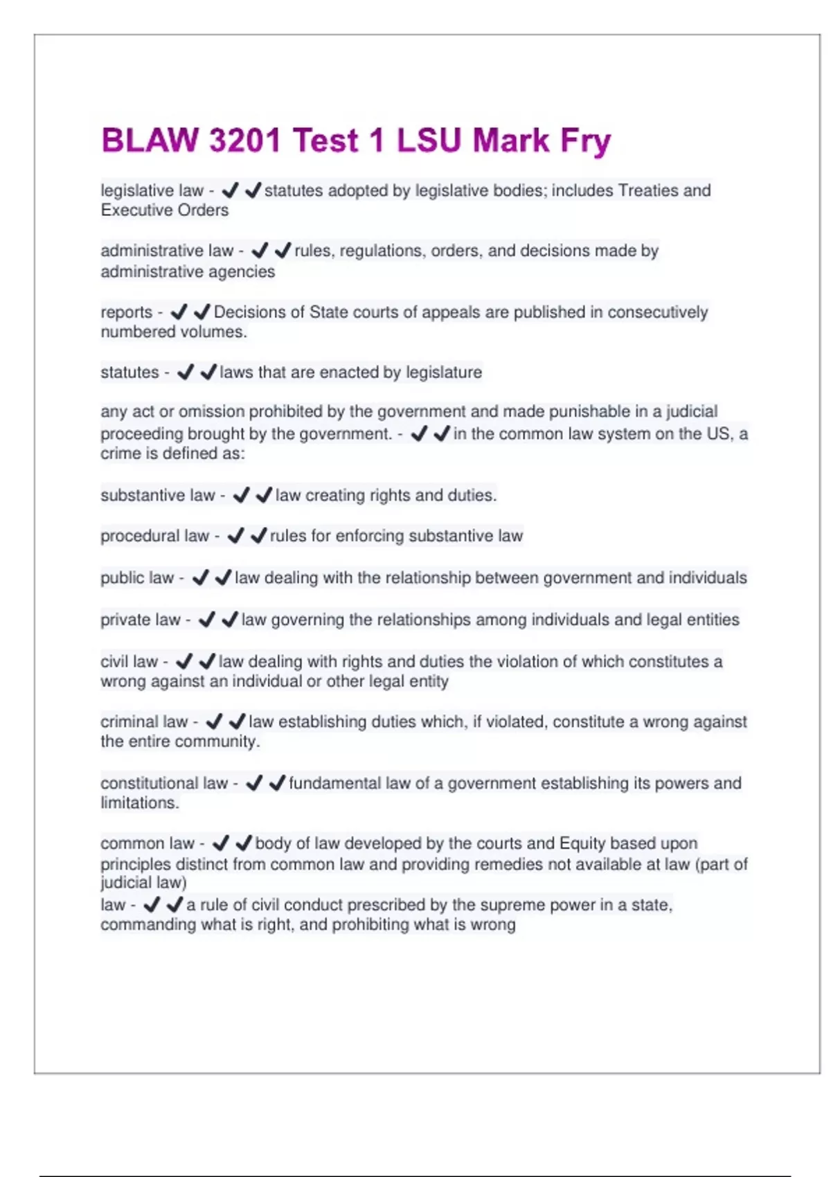 BLAW 3201 Test 1 LSU Mark Fry All Possible Questions and Answers 100% ...