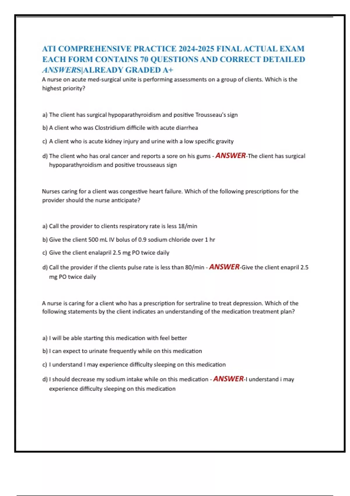 ATI COMPREHENSIVE PRACTICE FINAL ACTUAL EXAM EACH FORM CONTAINS 70 ...