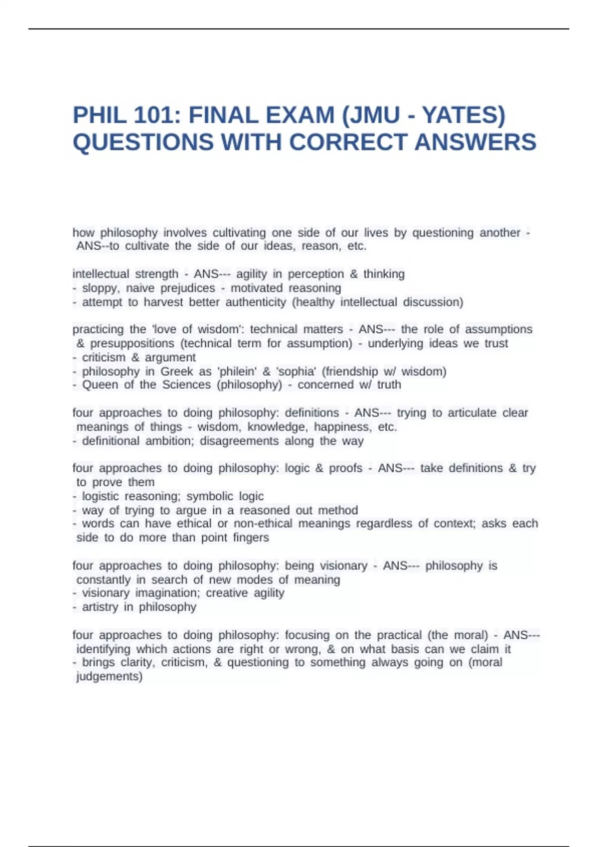 PHIL 101: FINAL EXAM (JMU - YATES) QUESTIONS WITH CORRECT ANSWERS ...