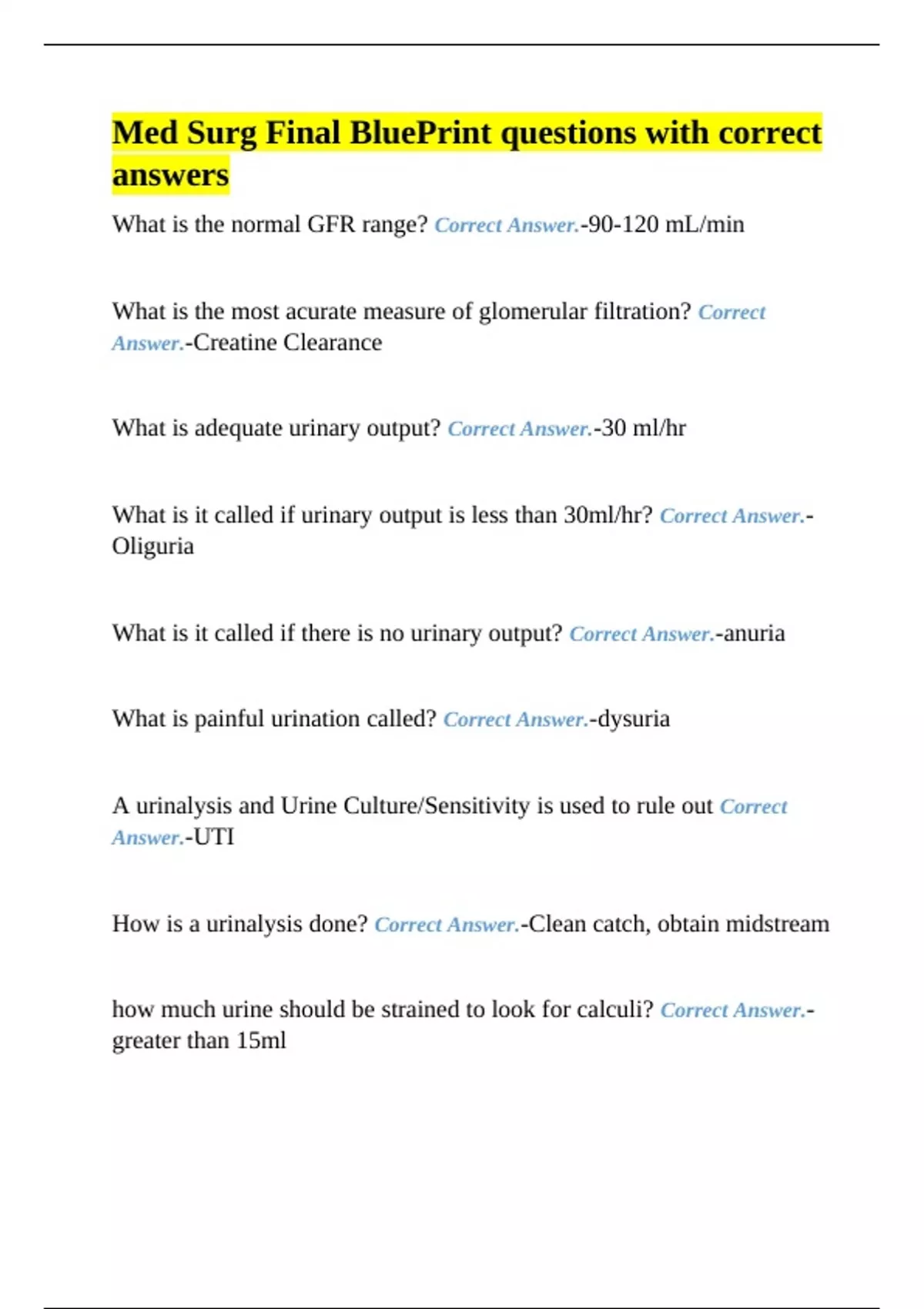 Med Surg Final BluePrint questions with correct answers - Med surg ...