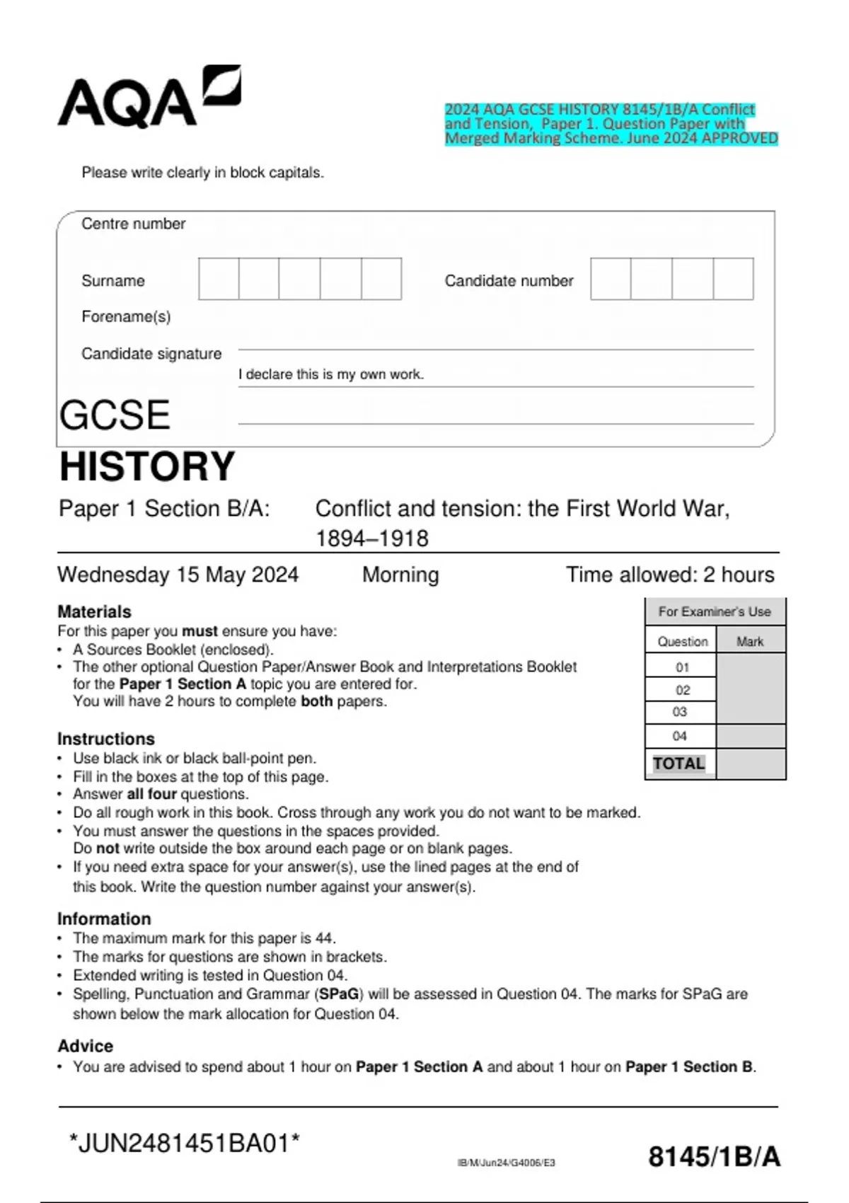 2024 AQA GCSE HISTORY 8145/1B/A Conflict and Tension, Paper 1. Question Paper with Merged ...