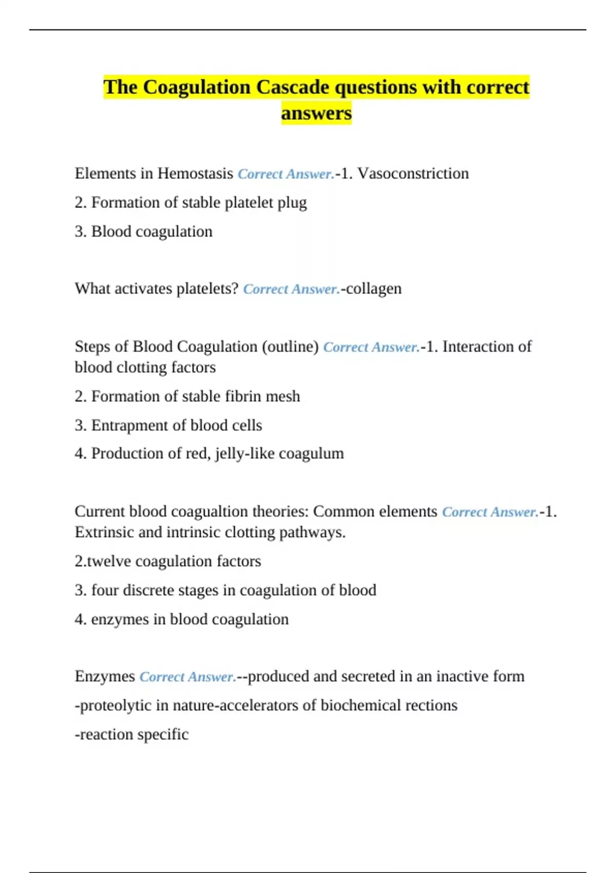 The Coagulation Cascade questions with correct answers - Med surg ...