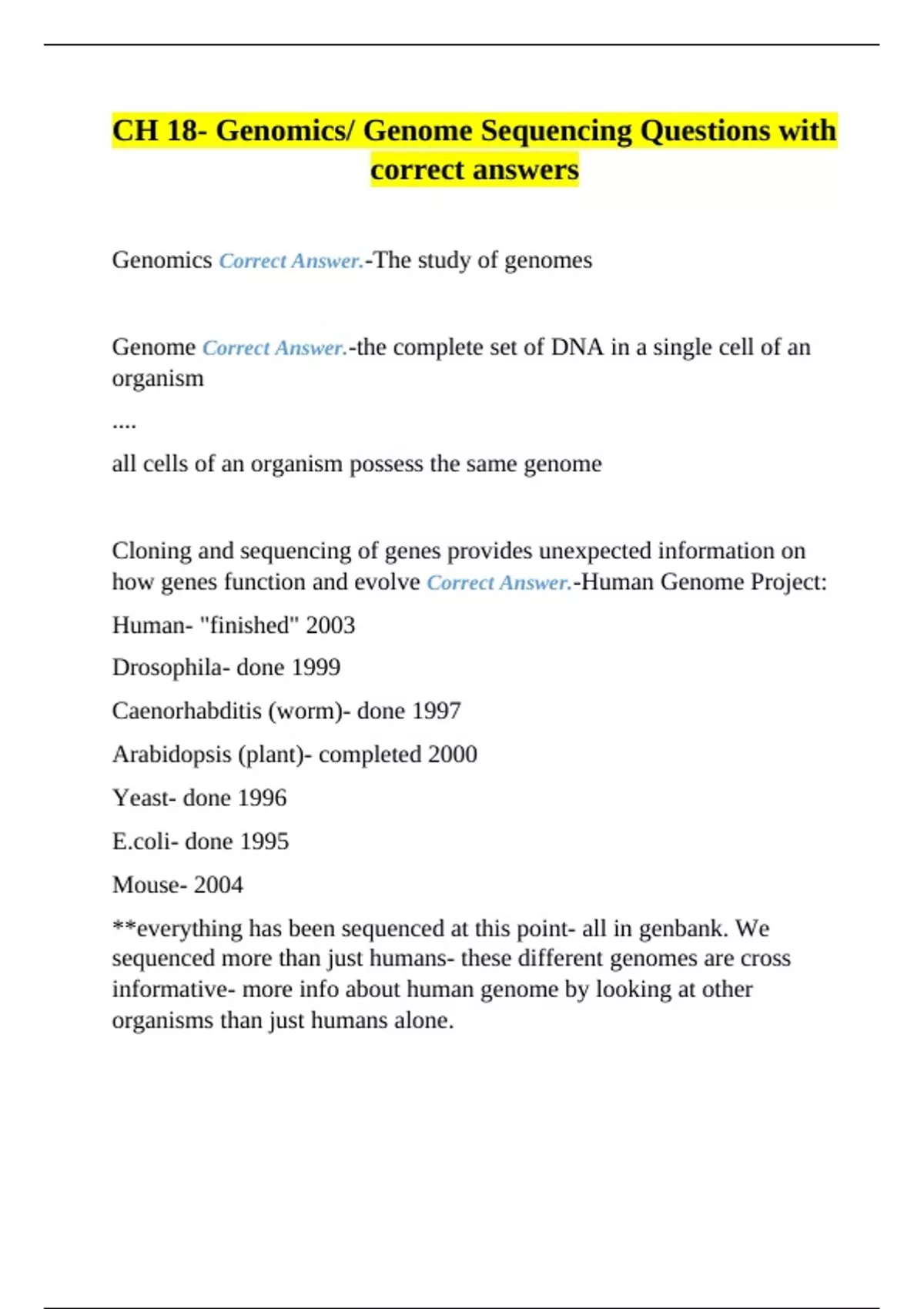 CH 18- Genomics/ Genome Sequencing Questions with correct answers - Med ...