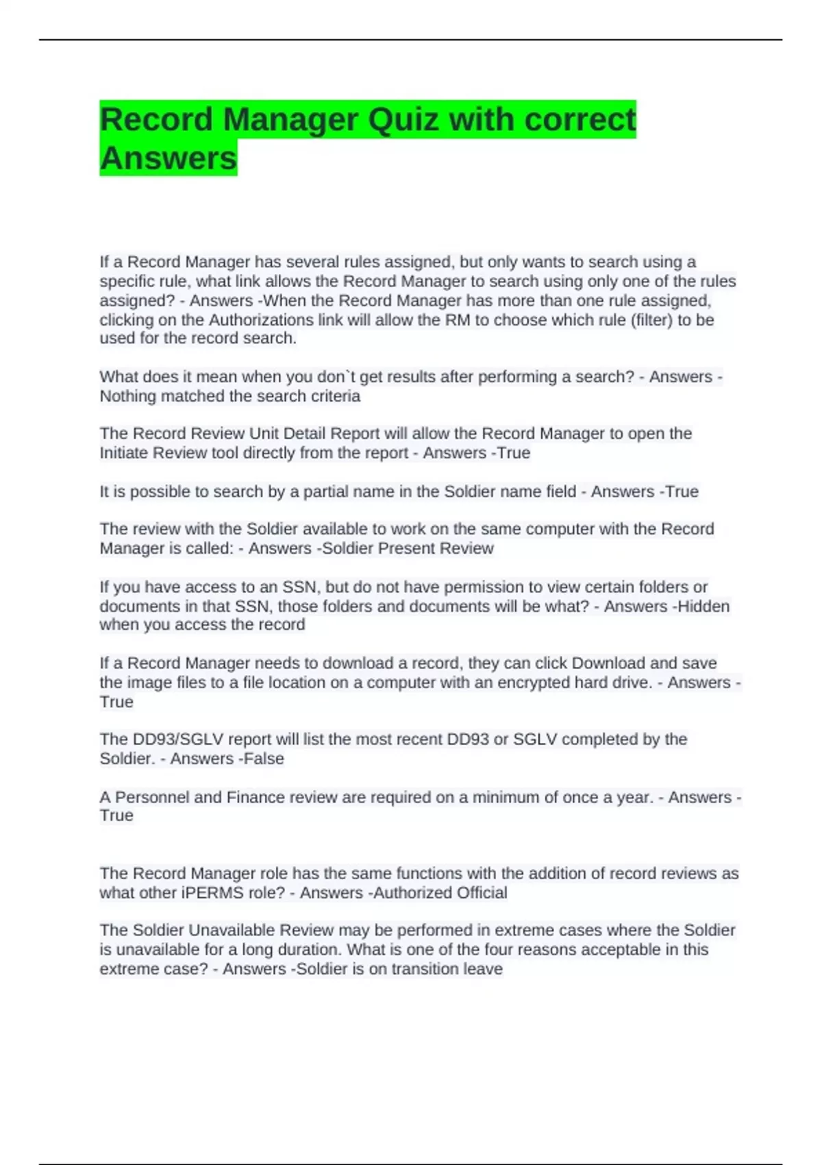 Record Manager Quiz with correct Answers - Records Management - Stuvia US