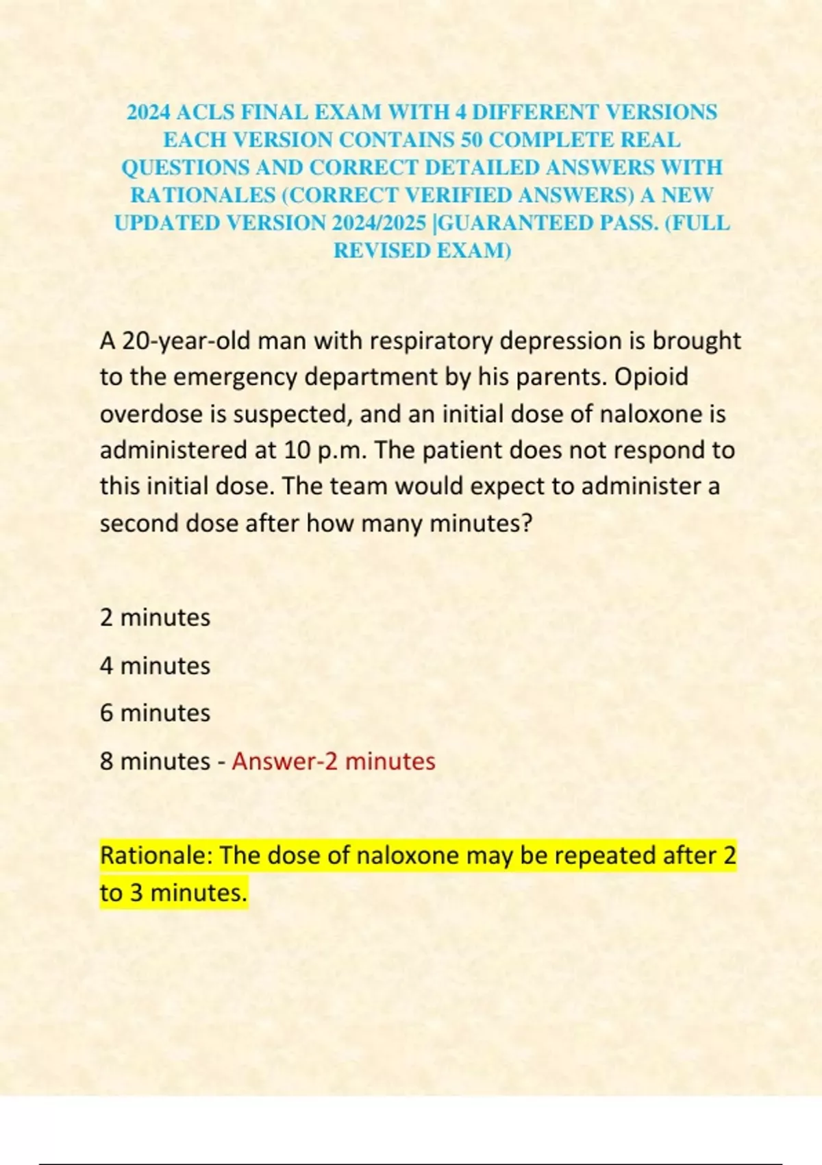 2024 ACLS FINAL EXAM WITH 4 DIFFERENT VERSIONS EACH VERSION CONTAINS 50 ...