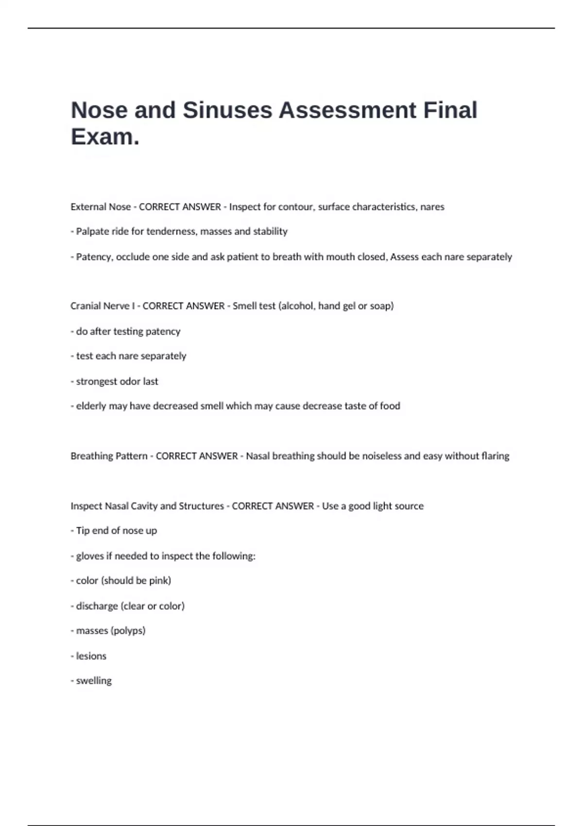 Nose and Sinuses Assessment Final Exam. - Nase - Stuvia US
