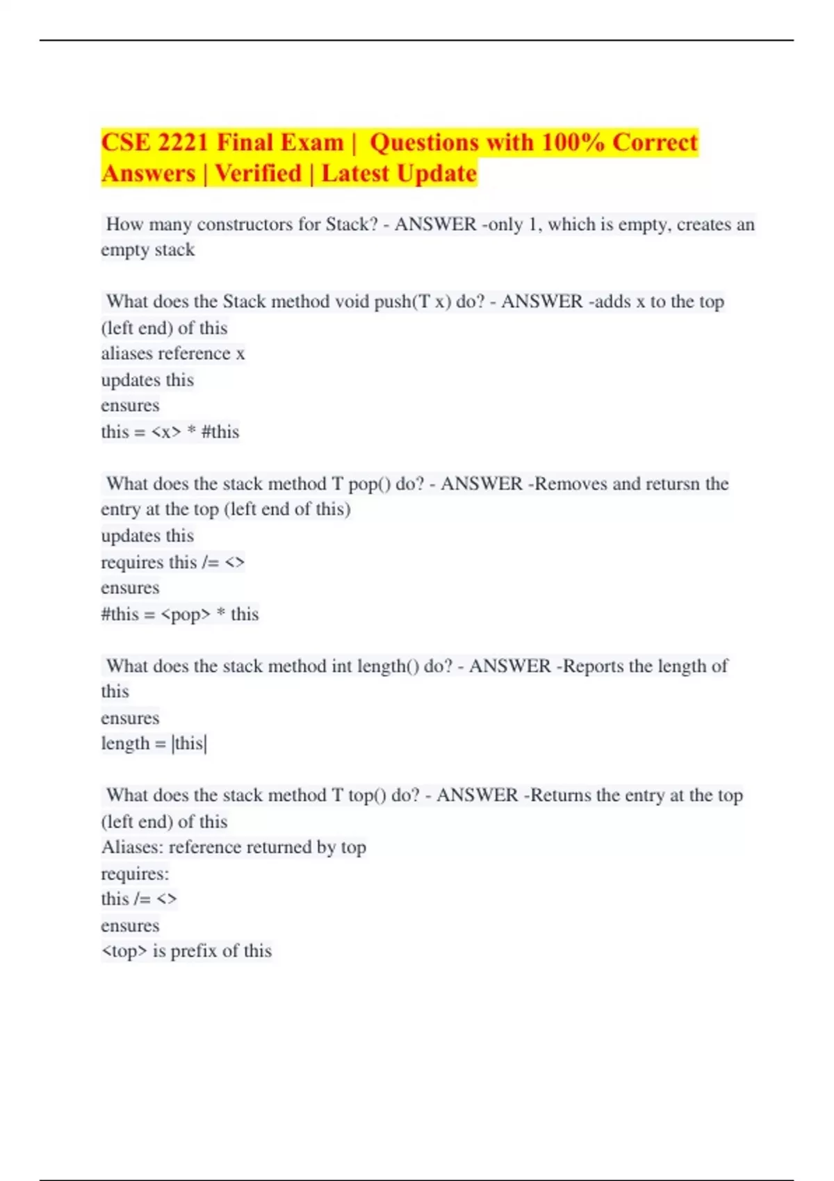 CSE 2221 Final Exam | Questions with 100% Correct Answers | Verified ...