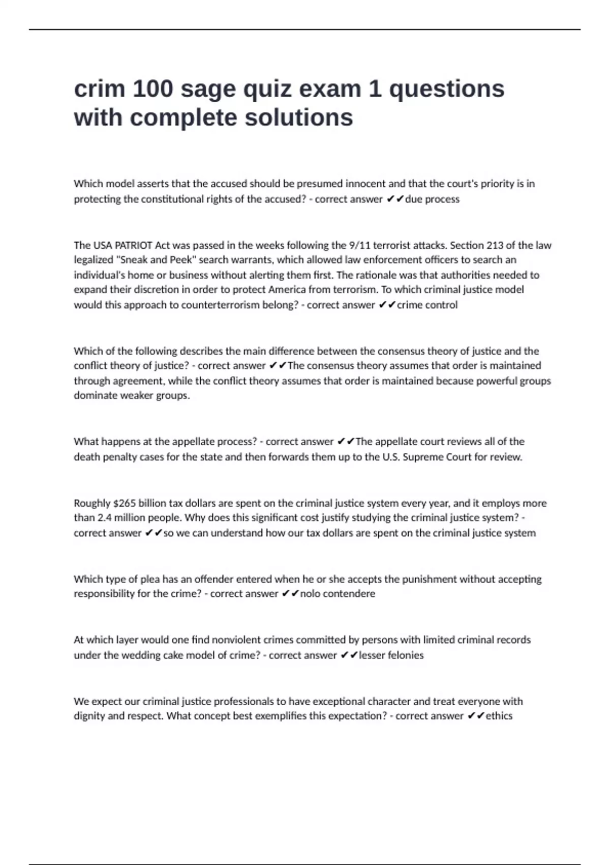 crim 100 sage quiz exam 1 questions with complete solutions - Sage ...