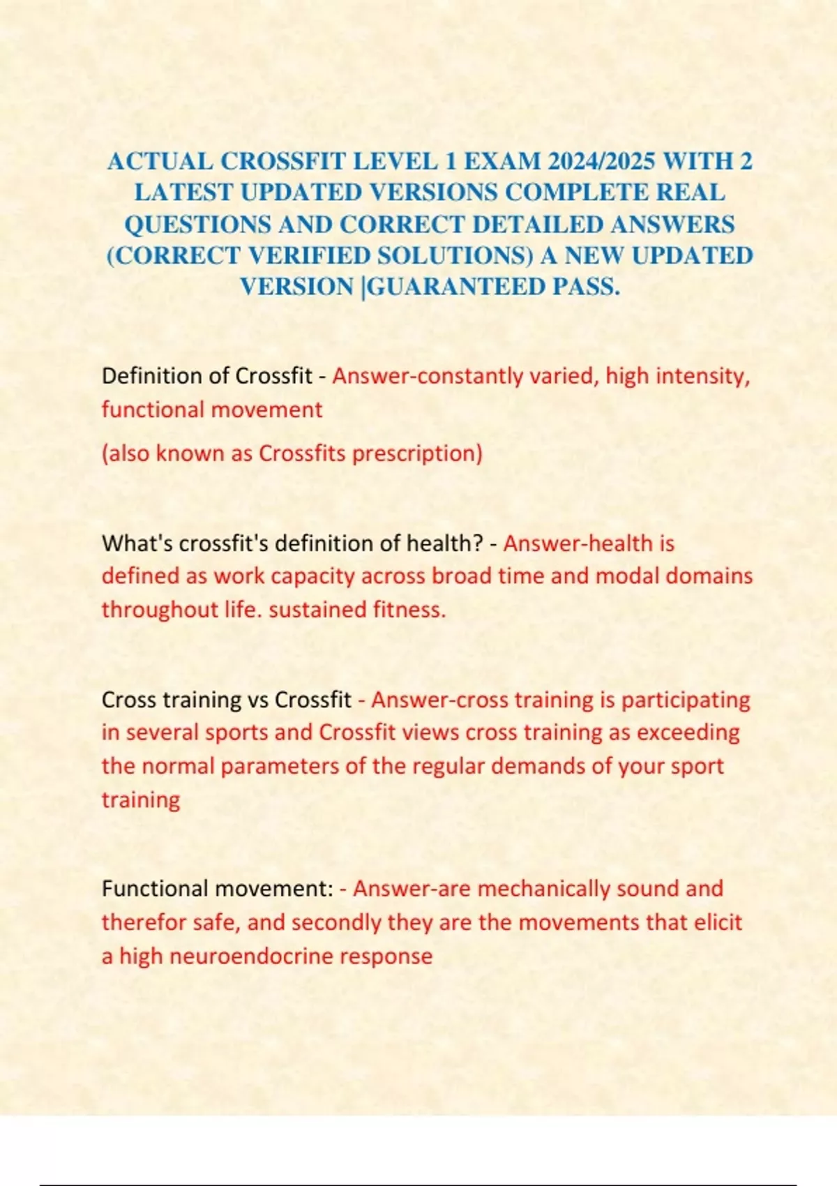 ACTUAL CROSSFIT LEVEL 1 EXAM 2024/2025 WITH 2 LATEST UPDATED VERSIONS ...
