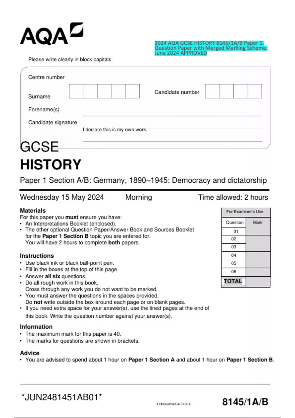2024 AQA GCSE HISTORY 8145/1A/B Paper 1. Question Paper with Merged ...