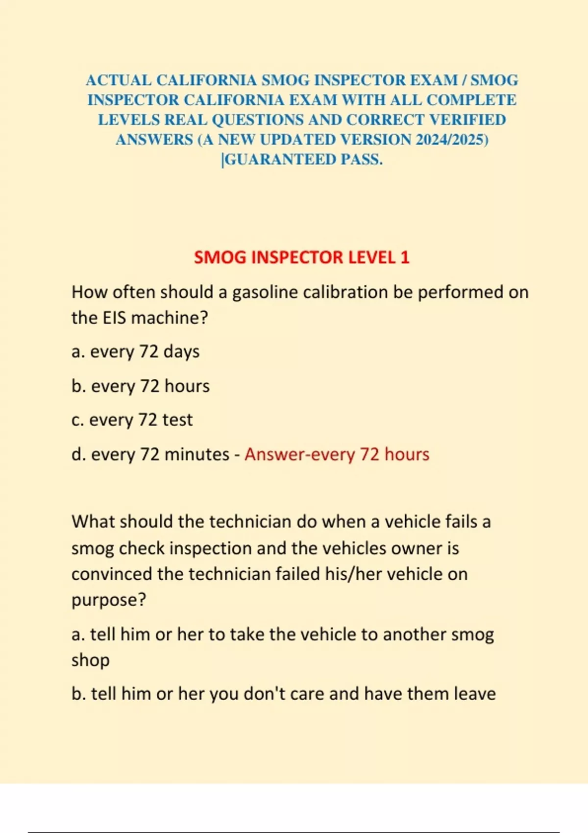 ACTUAL CALIFORNIA SMOG INSPECTOR EXAM / SMOG INSPECTOR CALIFORNIA EXAM ...