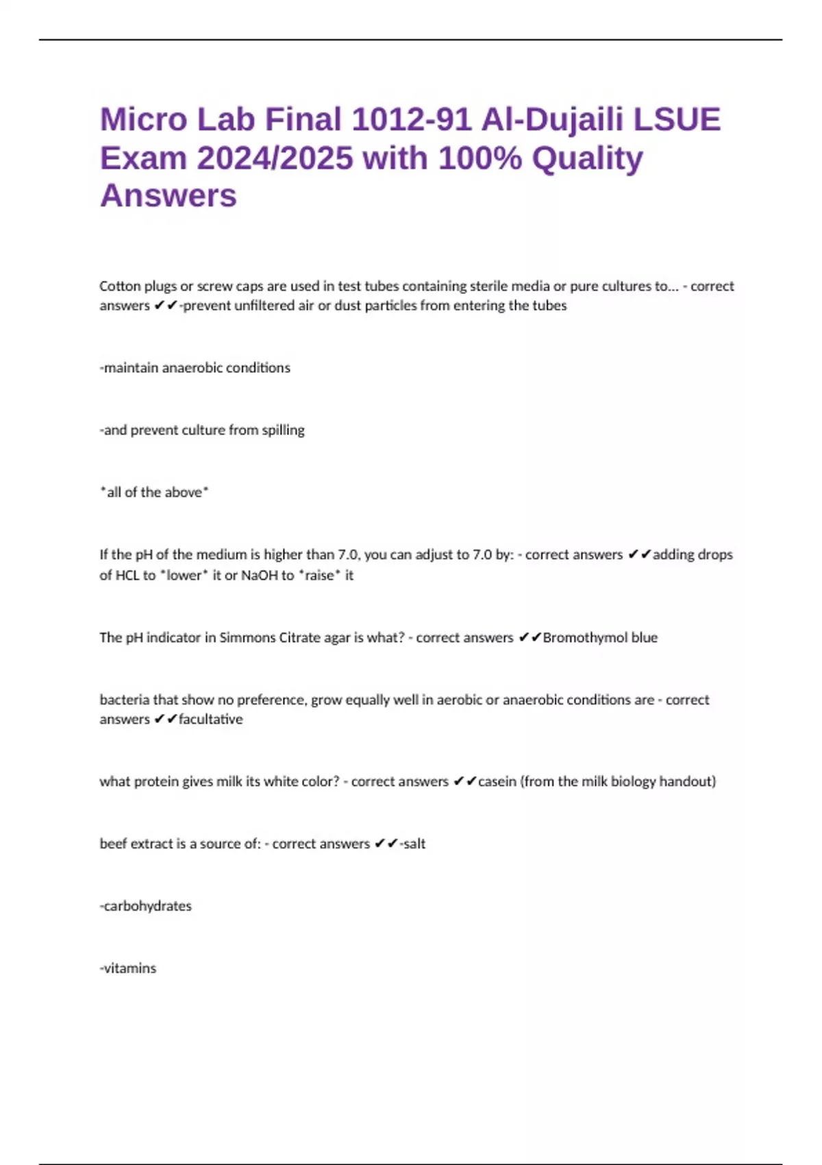 Micro Lab Final 1012-91 Al-Dujaili LSUE Exam 2024/2025 with 100% Quality Answers - Micro Lab Fl ...