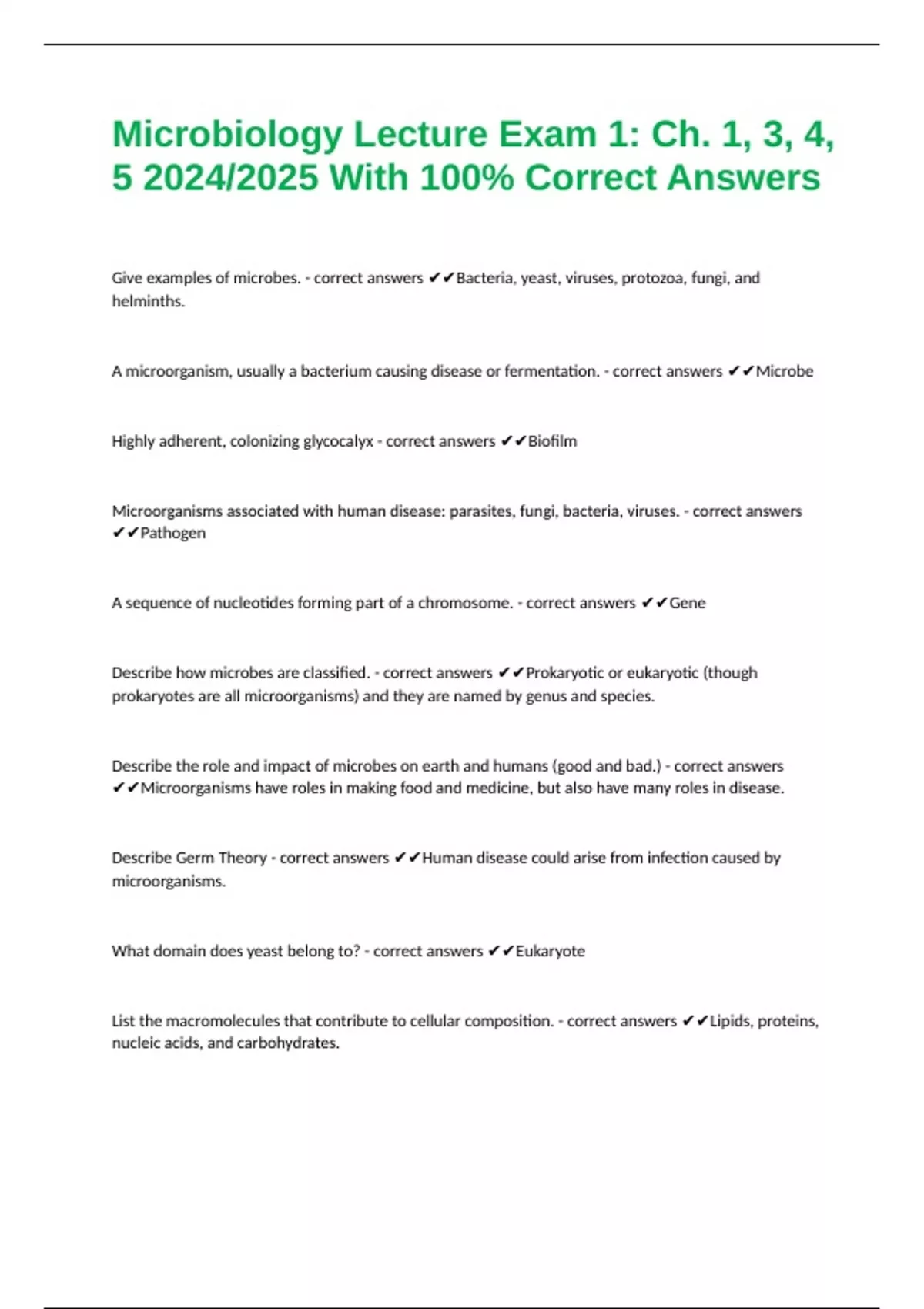 Microbiology Lecture Exam 1: Ch. 1, 3, 4, 5 2024/2025 With 100% Correct Answers - Microbiology ...