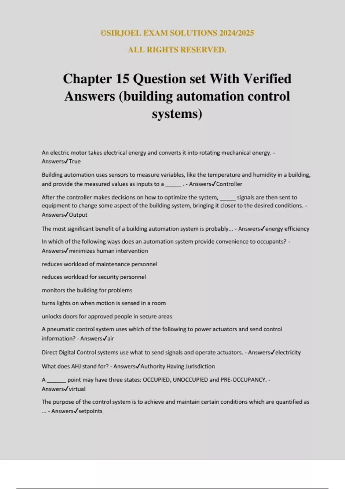 Chapter 15 Question set With Verified Answers (building automation control systems) - Building ...