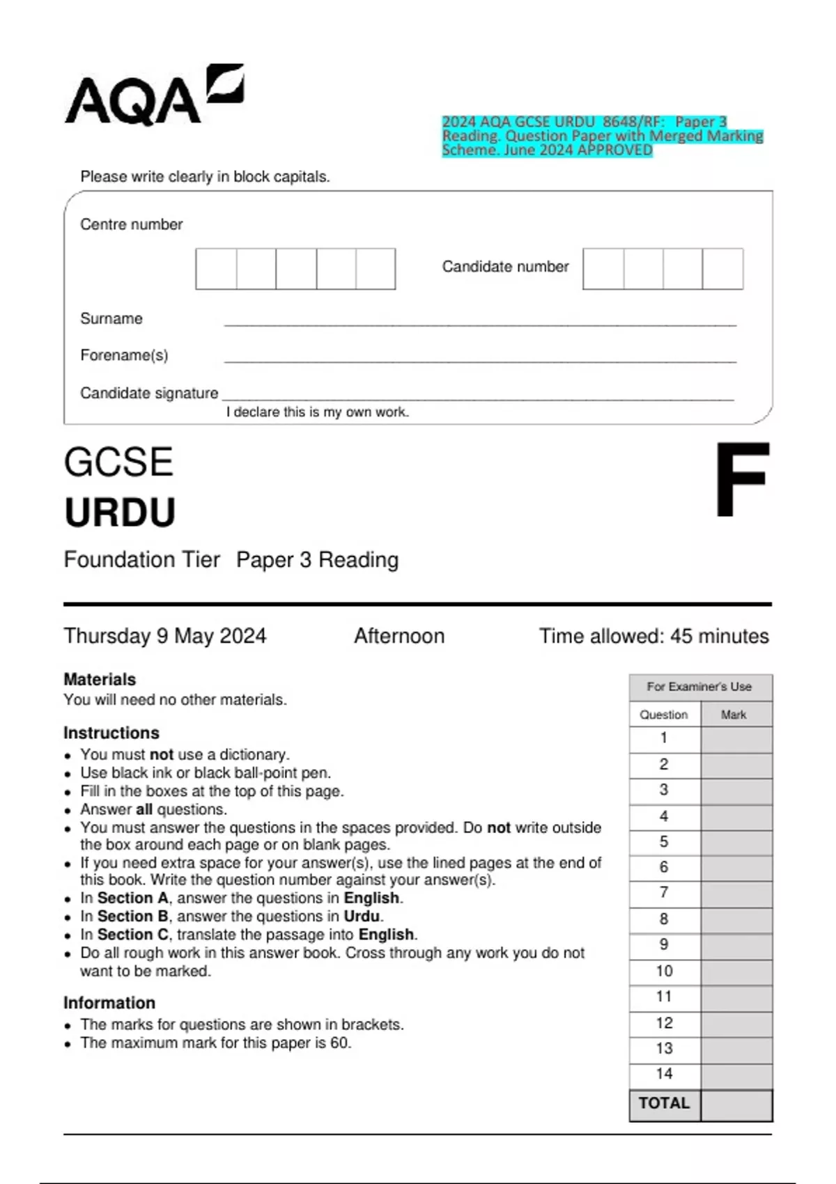 2024 AQA GCSE URDU 8648/RF: Paper 3 Reading. Question Paper with Merged ...