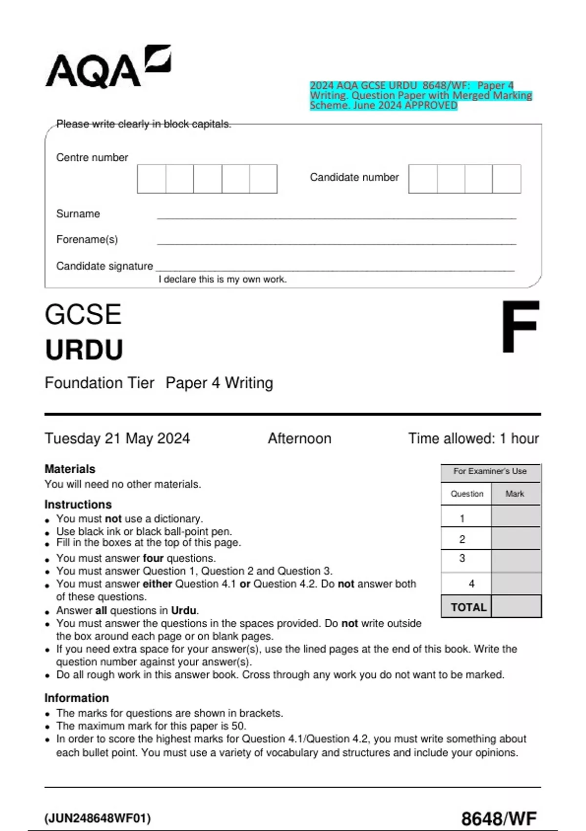 2024 AQA GCSE URDU 8648/WF: Paper 4 Writing. Question Paper with Merged ...
