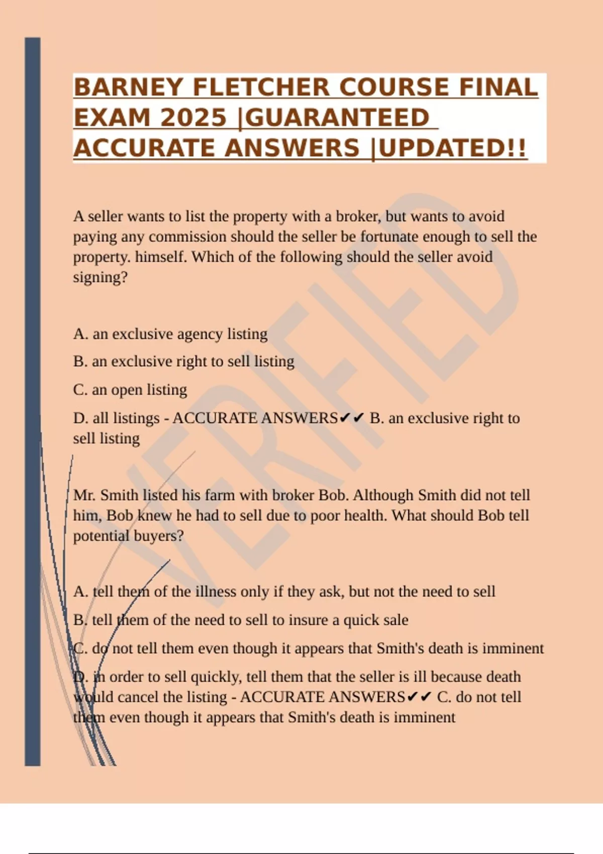 BARNEY FLETCHER COURSE FINAL EXAM 2025 |GUARANTEED ACCURATE ANSWERS |UPDATED!! - Barney Fletcher ...