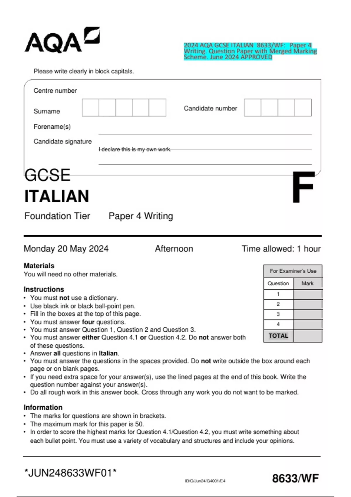 2024 AQA GCSE ITALIAN 8633/WF: Paper 4 Writing. Question Paper with ...
