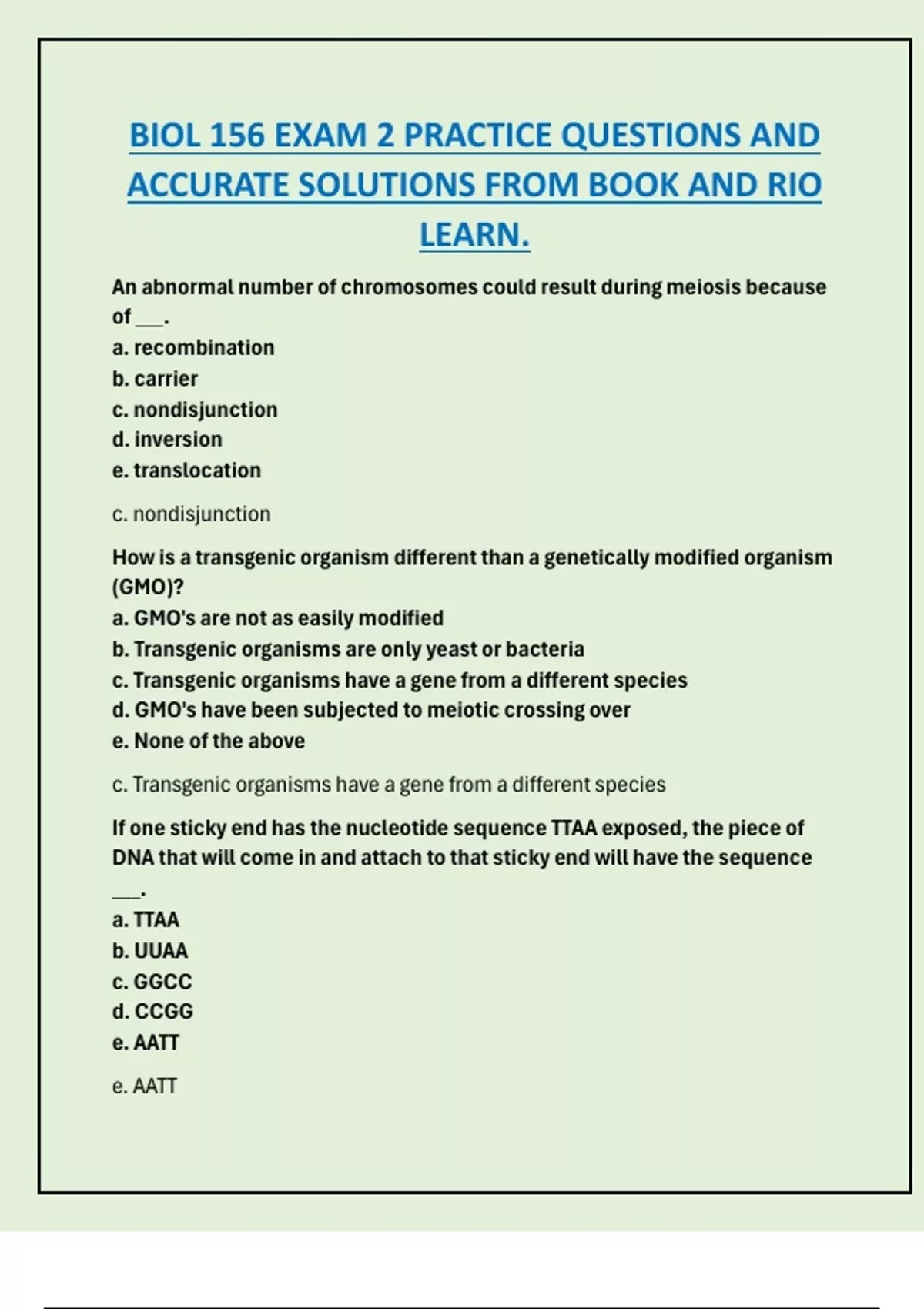 BIOL 156 EXAM 2 PRACTICE QUESTIONS AND ACCURATE SOLUTIONS FROM BOOK AND RIO LEARN. - BIO 156 ...