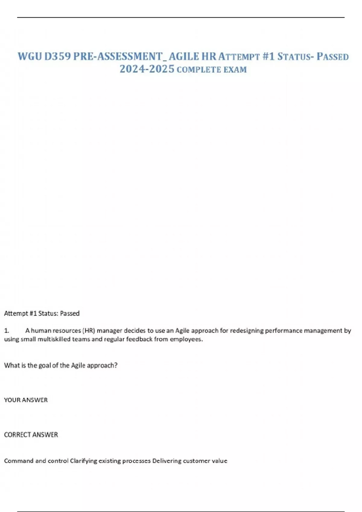 WGU D359 PRE-ASSESSMENT_ AGILE HR ATTEMPT #1 STATUS- PASSED COMPLETE ...