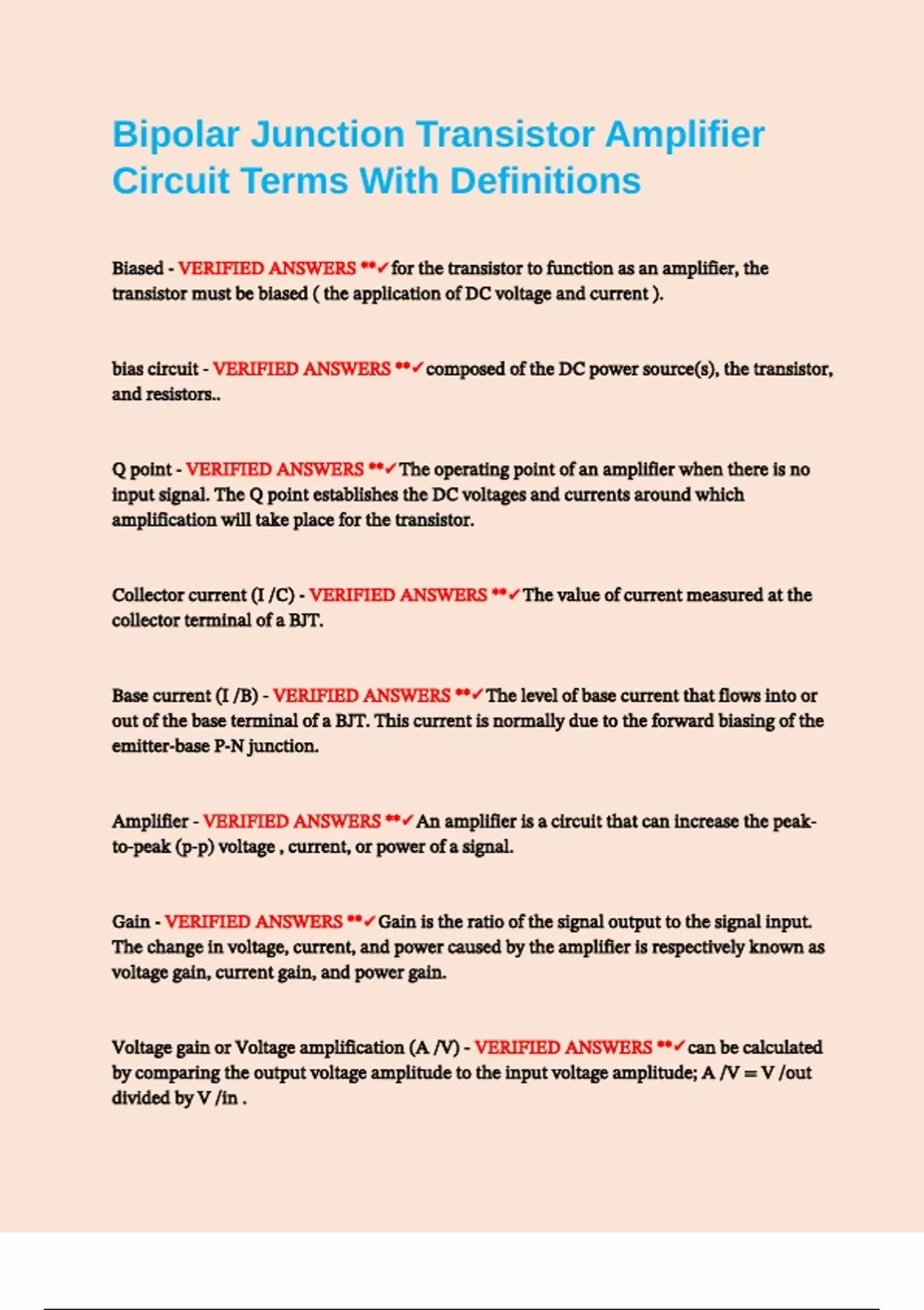 Bipolar Junction Transistor Amplifier Circuit Terms With Definitions ...