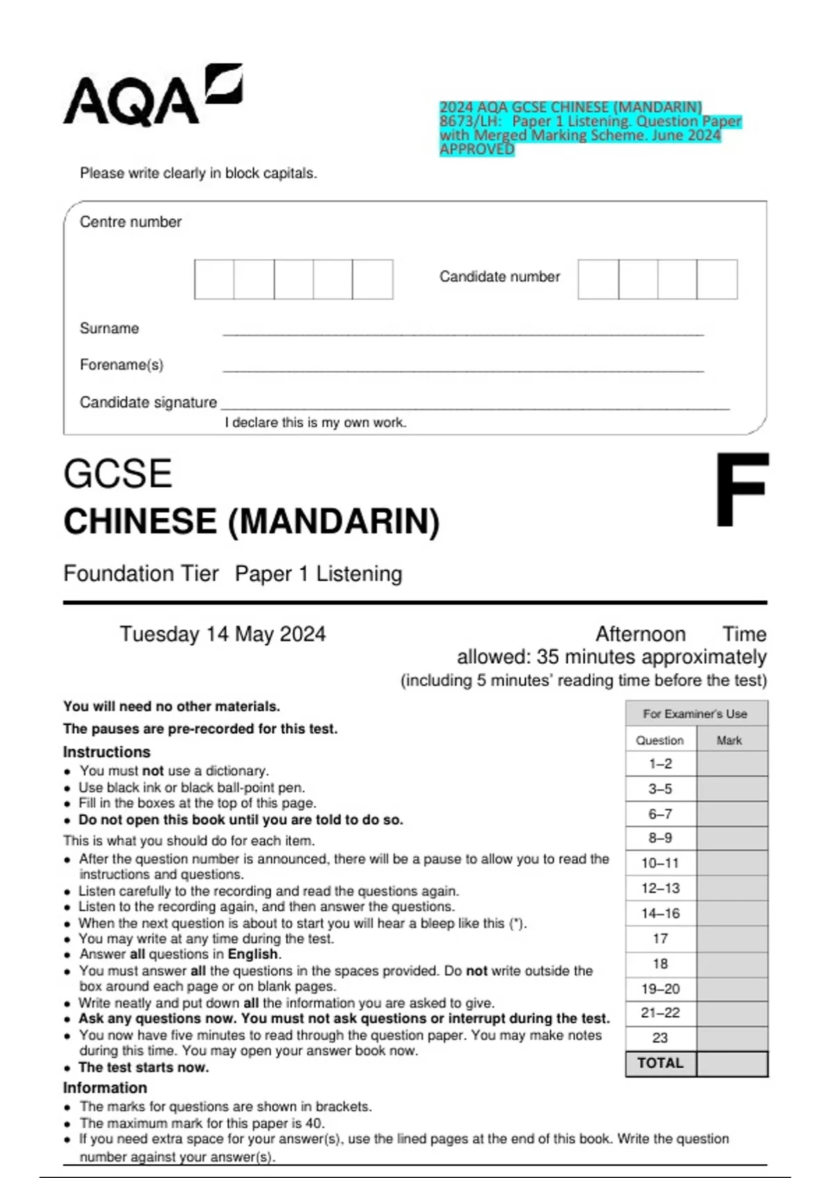 2024 AQA GCSE CHINESE (MANDARIN) 8673/LH: Paper 1 Listening. Question ...
