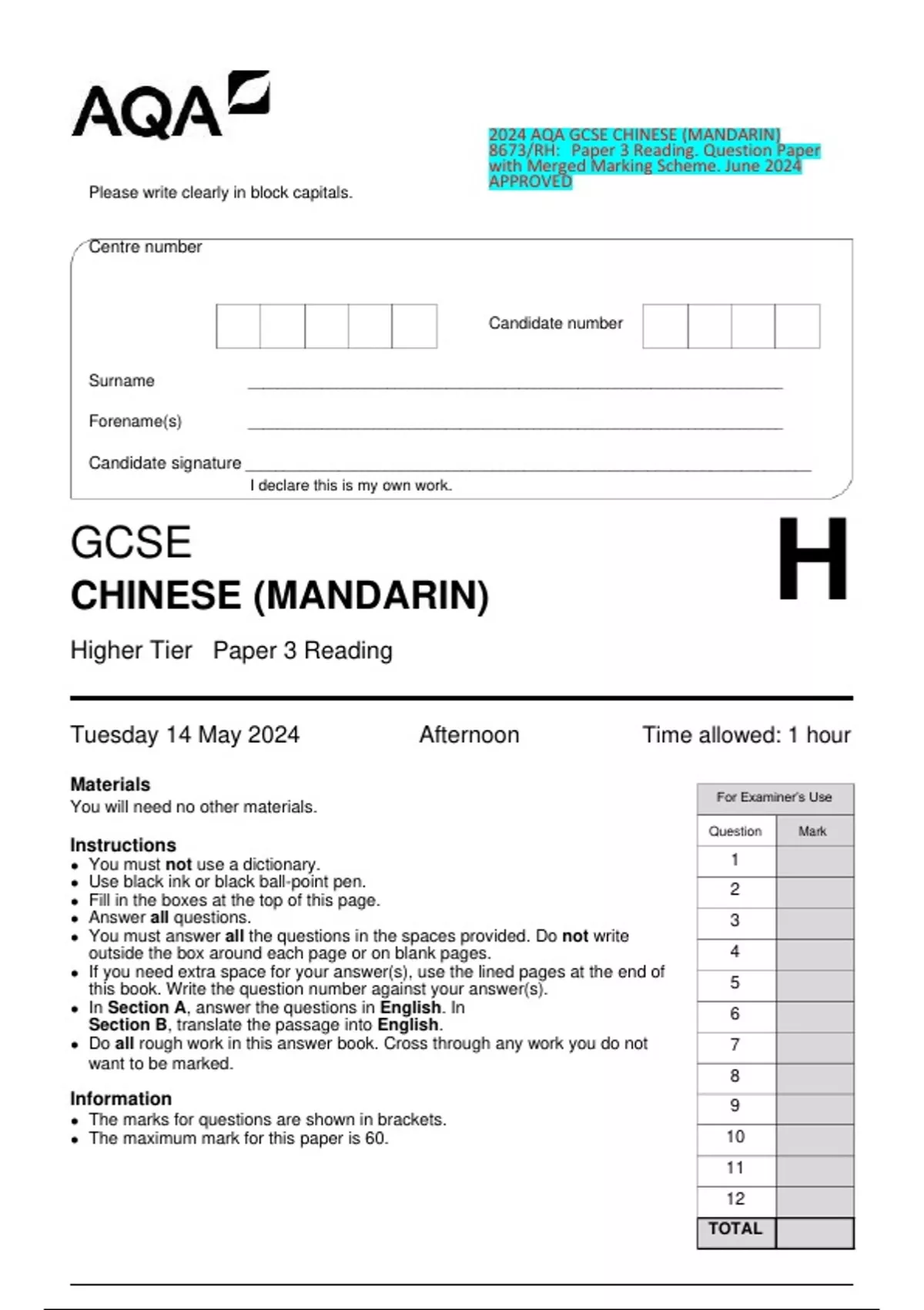 2024 AQA GCSE CHINESE (MANDARIN) 8673/RH: Paper 3 Reading. Question ...