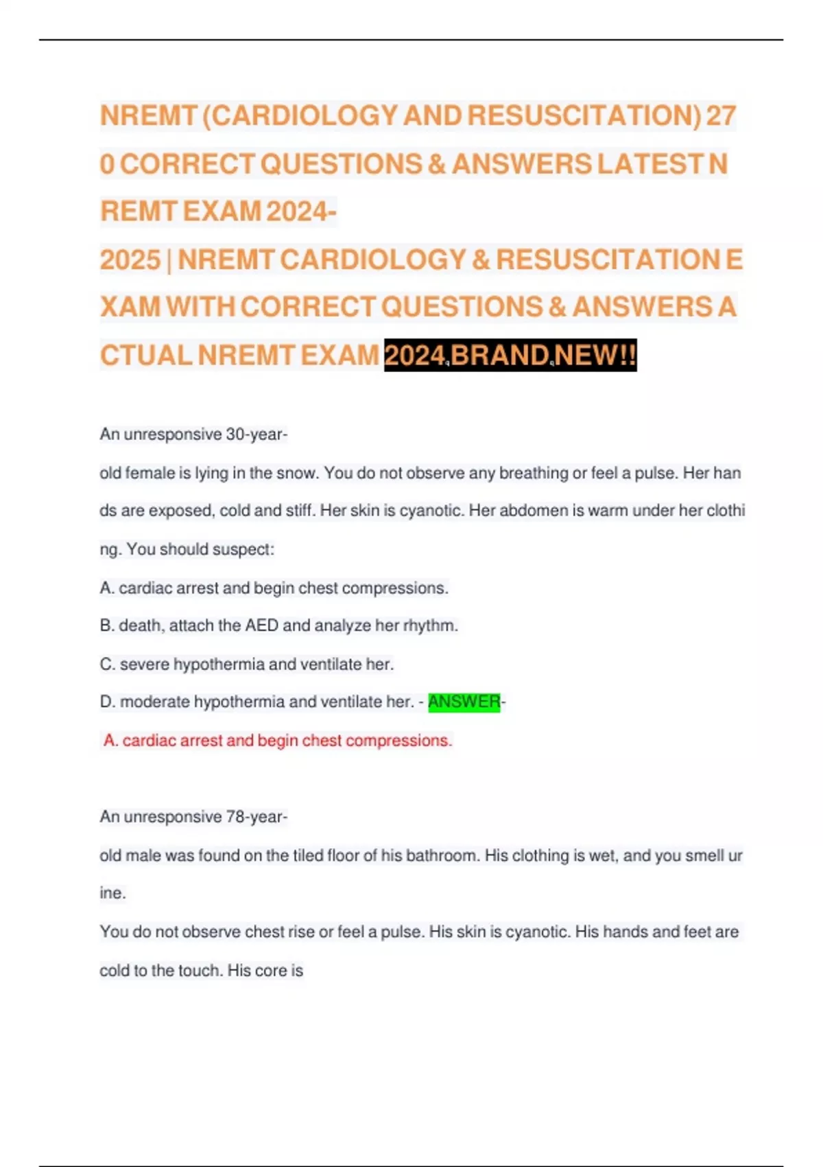 NREMT (CARDIOLOGY AND RESUSCITATION) 270 CORRECT QUESTIONS & ANSWERS ...