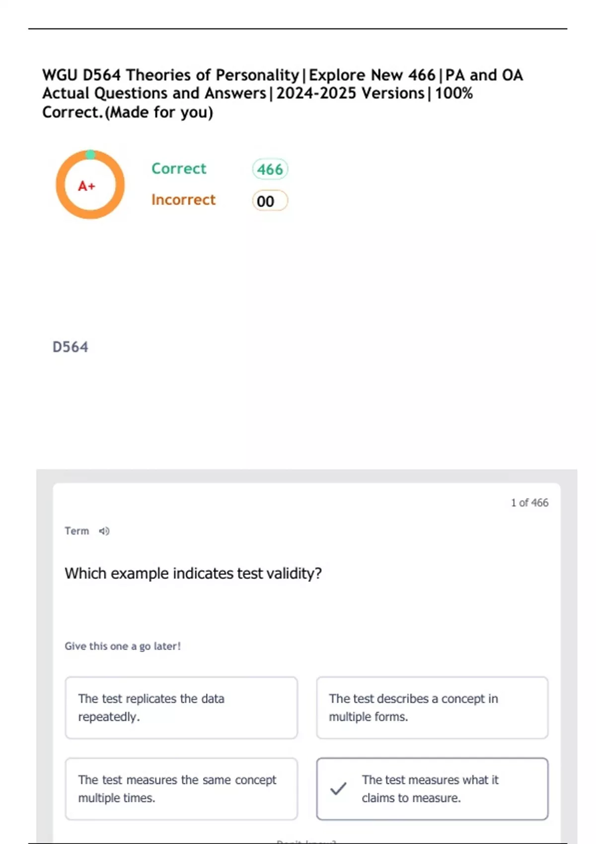 WGU D564 Theories of Personality|Explore New 466|PA and OA Actual ...
