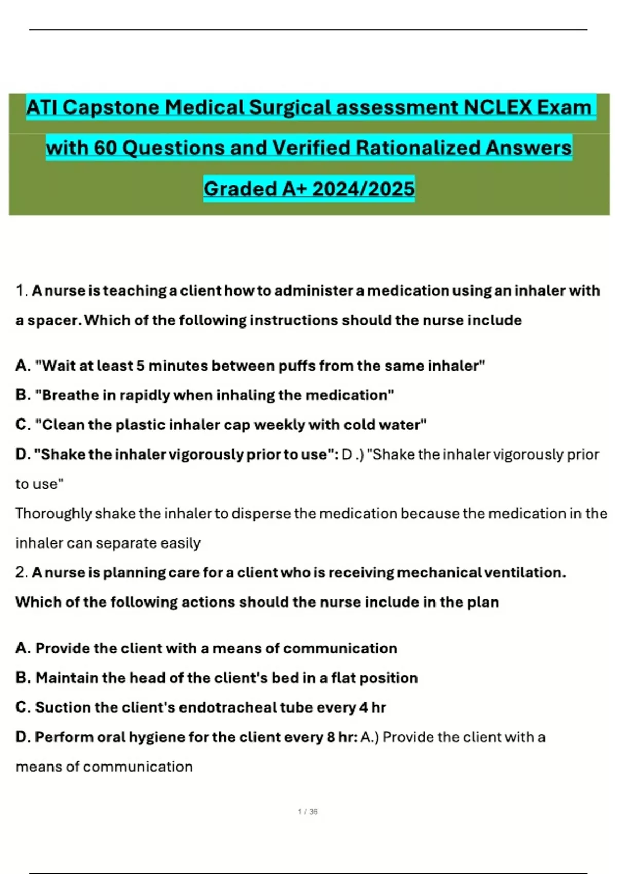 ATI Capstone Medical Surgical assessment NCLEX Exam with 60 Questions ...