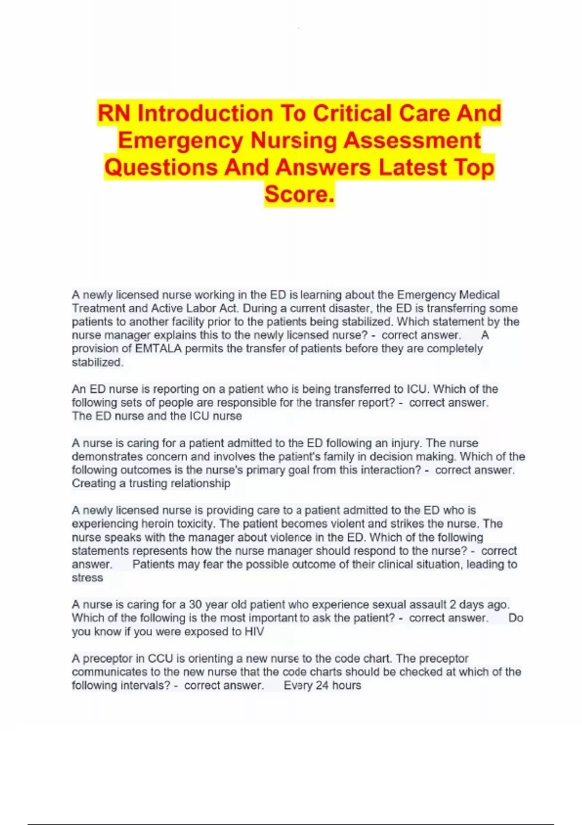 RN Introduction To Critical Care And Emergency Nursing Assessment ...