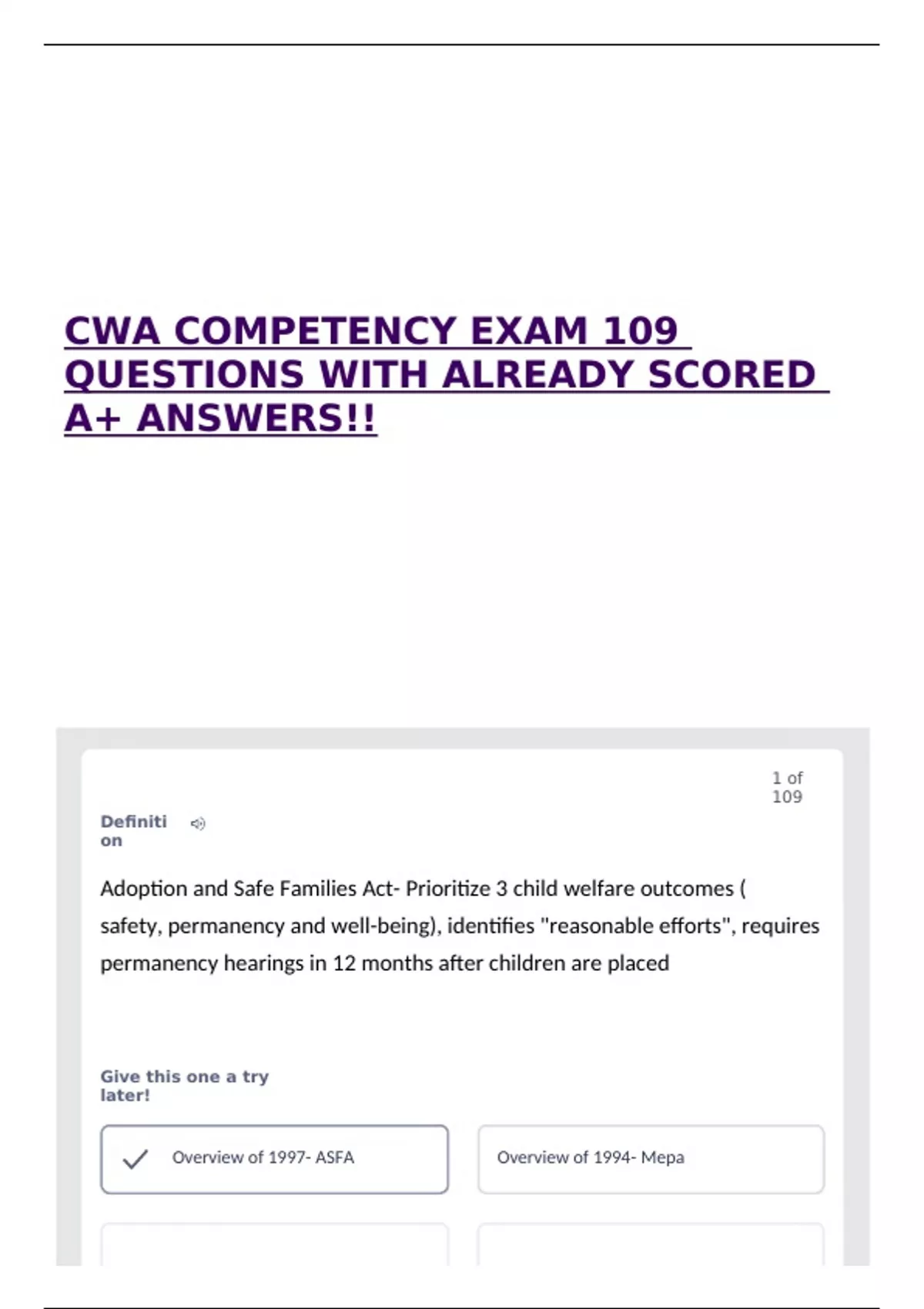 CWA COMPETENCY EXAM 109 QUESTIONS WITH ALREADY SCORED A+ ANSWERS ...