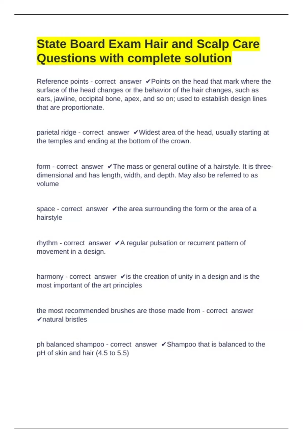 State Board Exam Hair and Scalp Care Questions with complete solution ...