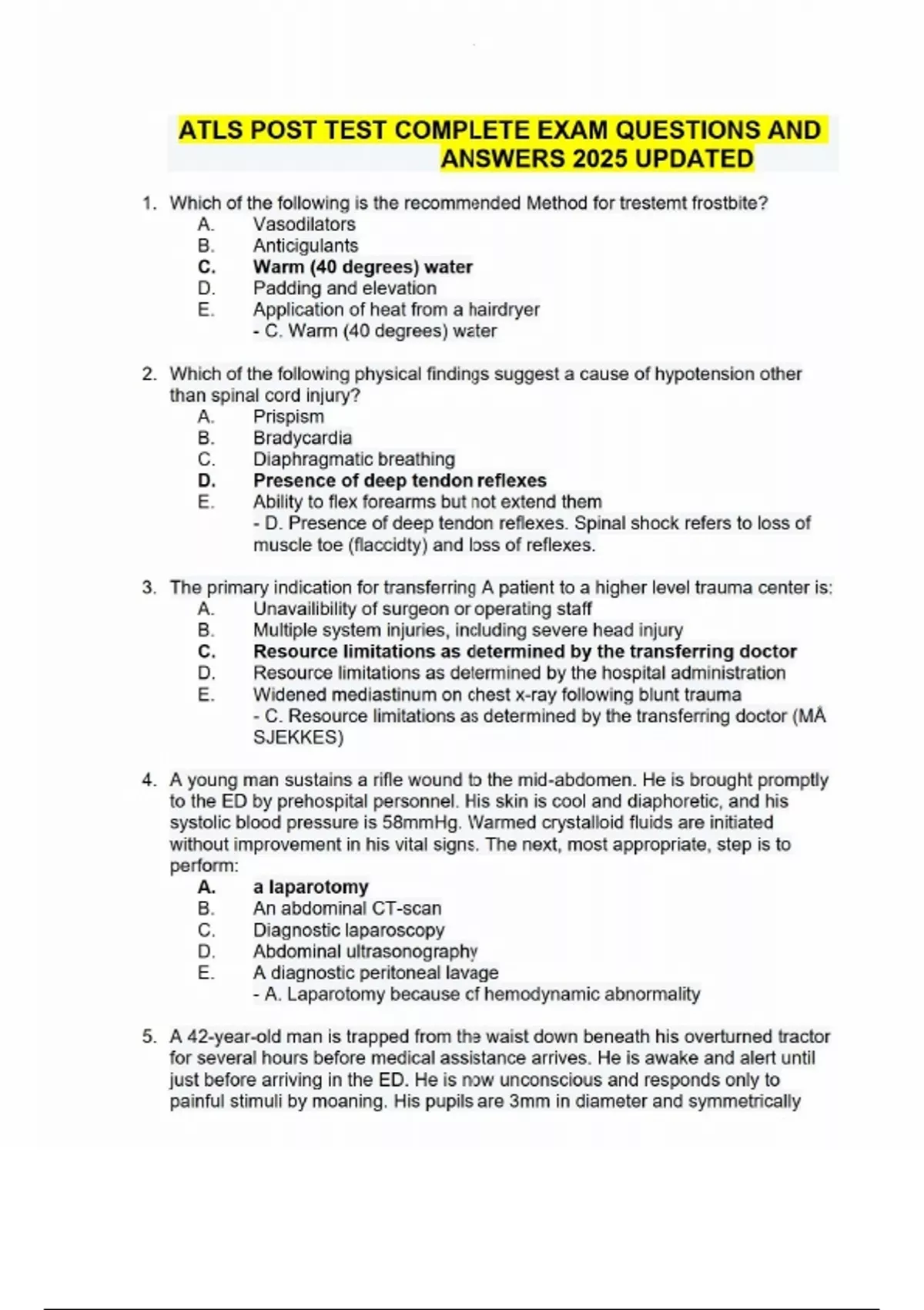 ATLS POST TEST COMPLETE EXAM QUESTIONS AND ANSWERS 2025 UPDATED. - ATLS ...