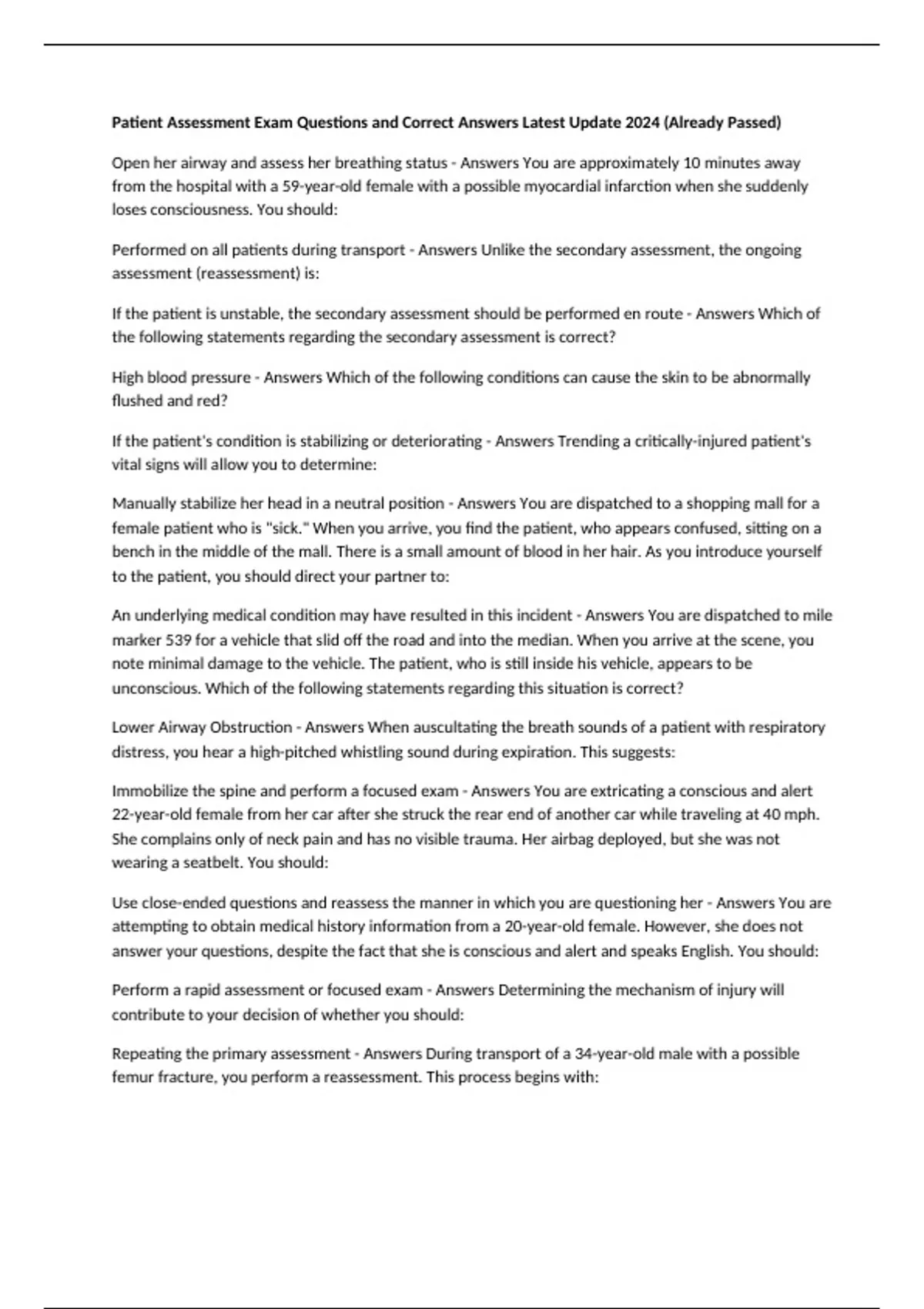 Patient Assessment Exam Questions and Correct Answers Latest Update ...