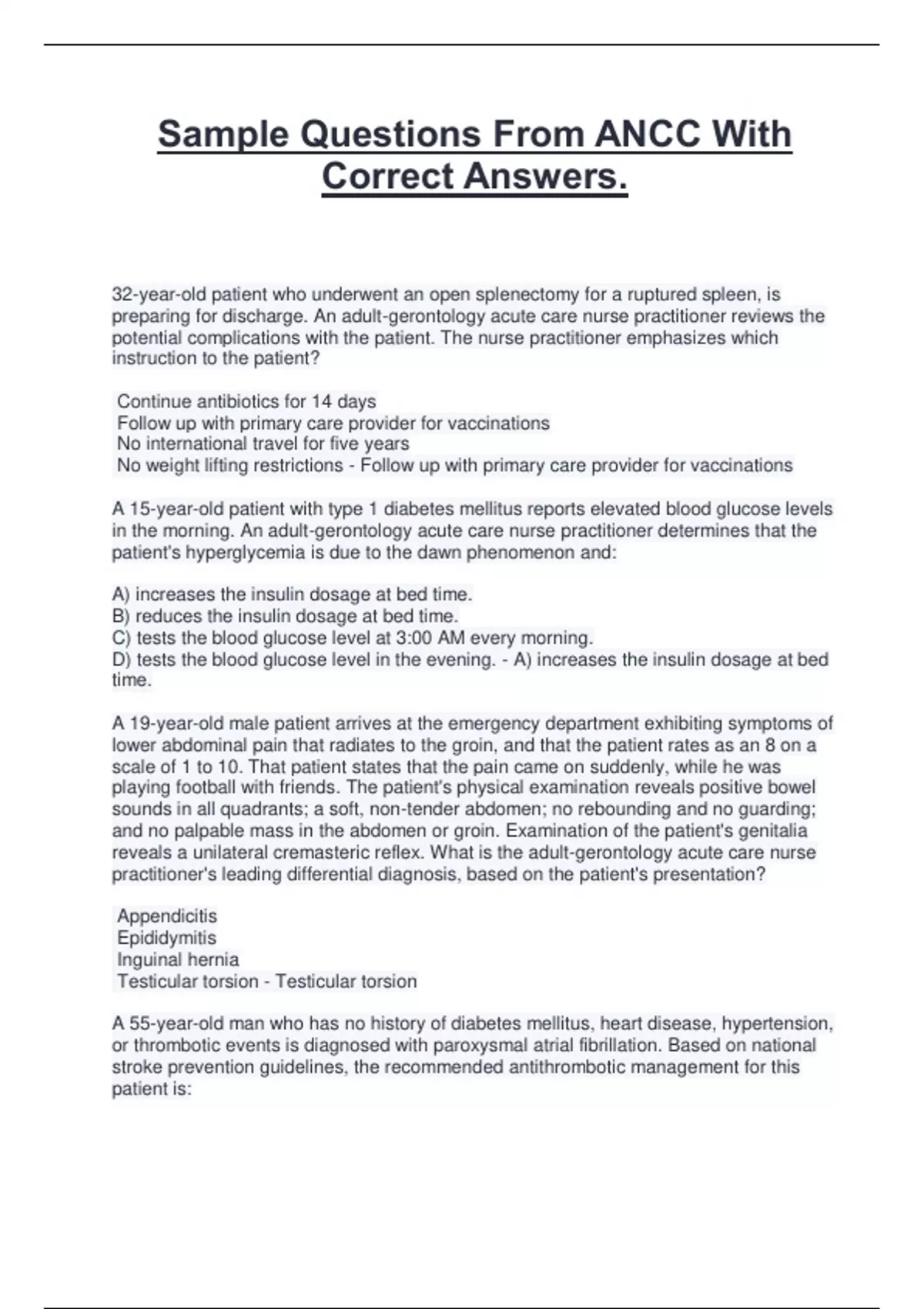 Sample Questions From ANCC With Correct Answers - ANCC - Stuvia US