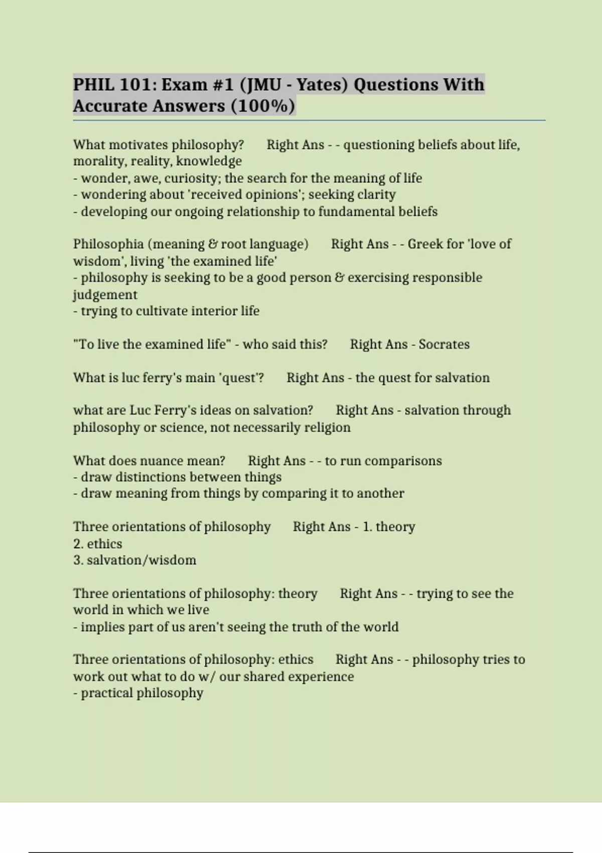 PHIL 101: Exam #1 (JMU - Yates) Questions With Accurate Answers (100% ...