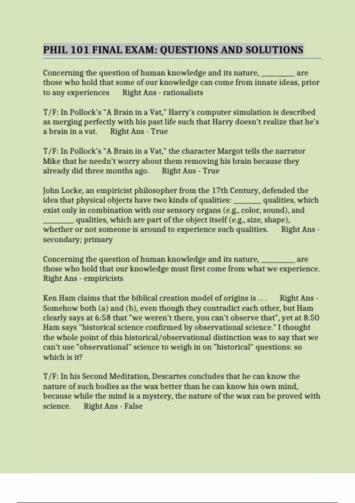 PHIL 101 FINAL EXAM: QUESTIONS AND SOLUTIONS - PHIL 101 - Stuvia US