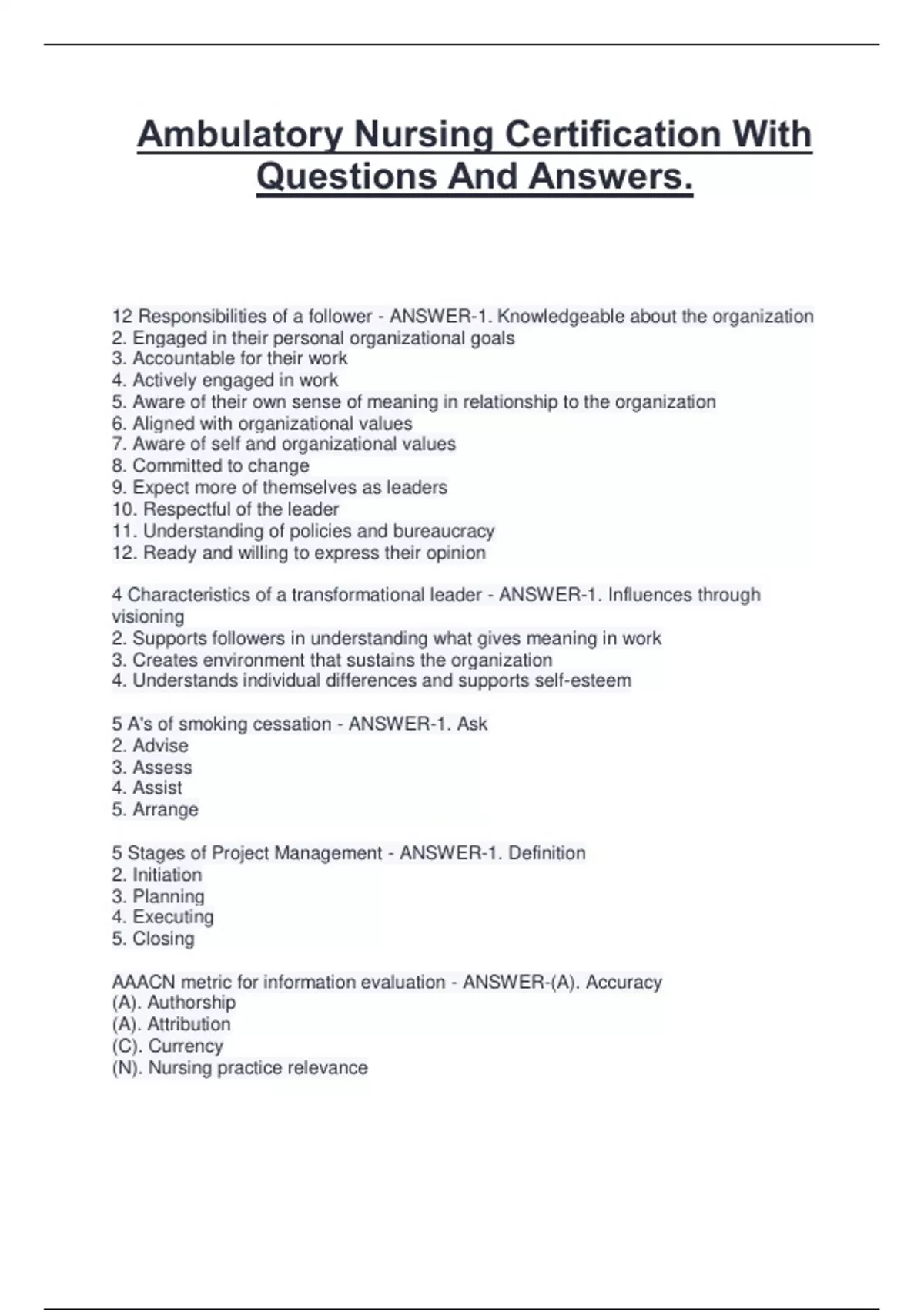 Ambulatory Nursing Certification With Questions And Answers ...