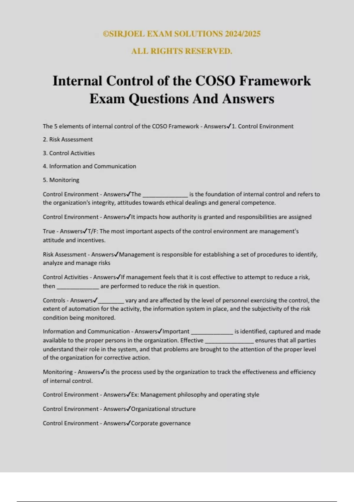 Internal Control of the COSO Framework Exam Questions And Answers ...