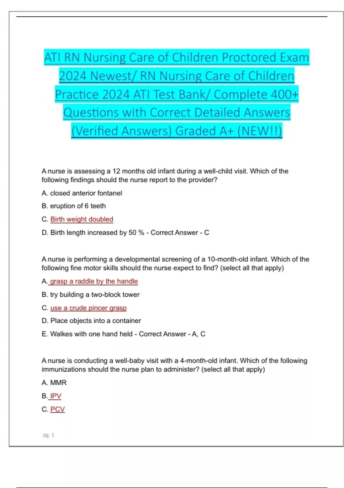 ATI RN Nursing Care of Children Proctored Exam 2024 Newest/ RN Nursing ...