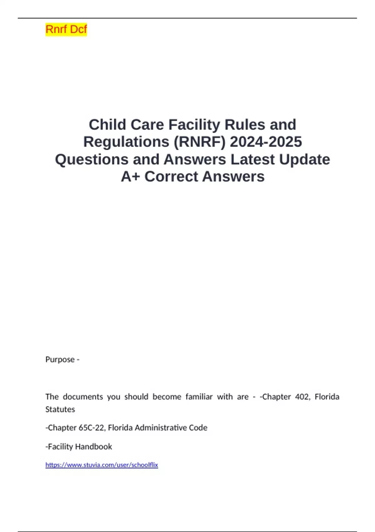 Child Care Facility Rules and Regulations (RNRF) Questions and Answers ...
